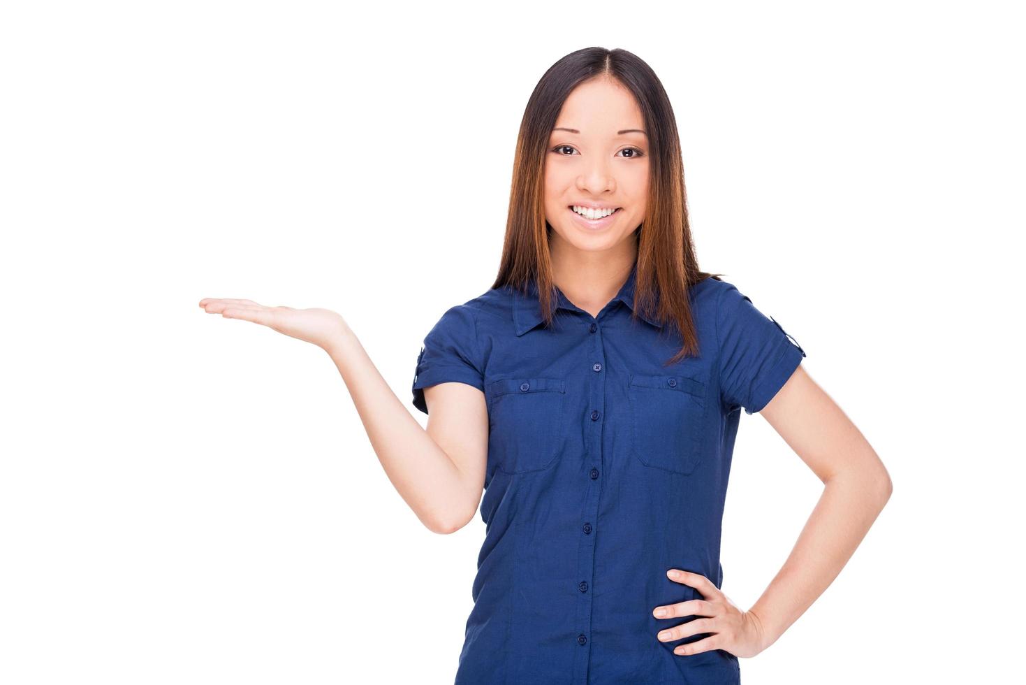 Copy Space In Her Hand Cheerful Young Asian Woman Holding A Copy Space