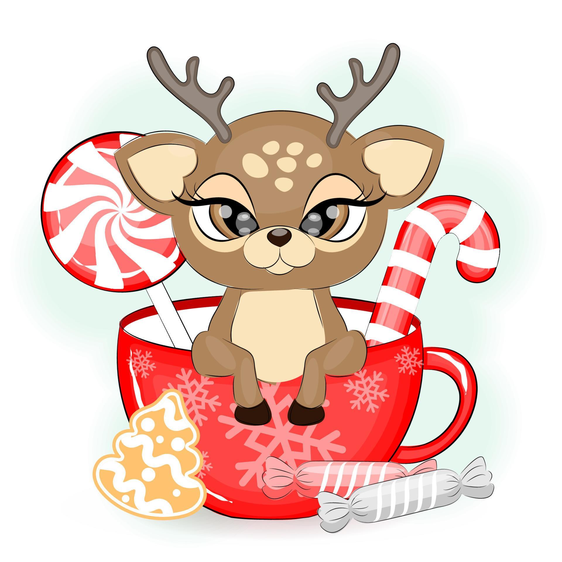 Cute Christmas reindeer in a cup with candy vector illustration ...