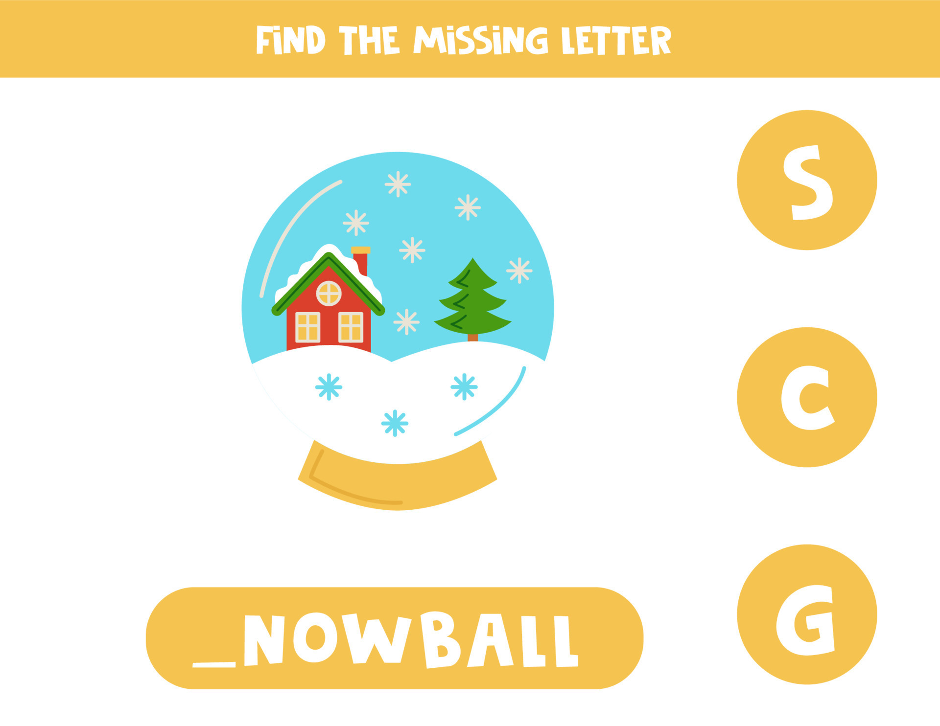 Find missing letter with yellow Christmas snowball. Spelling worksheet. 13593891 Vector Art at ...