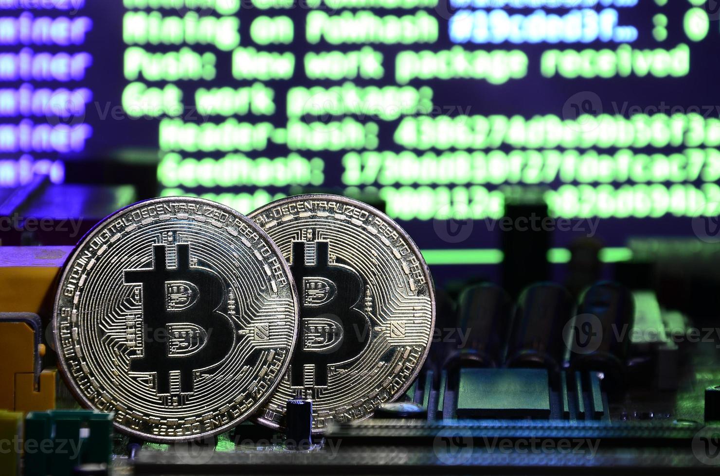 The digital process of cryptocurrency mining by using the GPUs. Bitcoins and video card on a ...