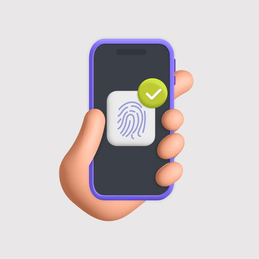 3d vector hand holds Smartphone with security unlocked via fingerprint ... 3d vector hand holds Smartphone with security unlocked via fingerprint ...