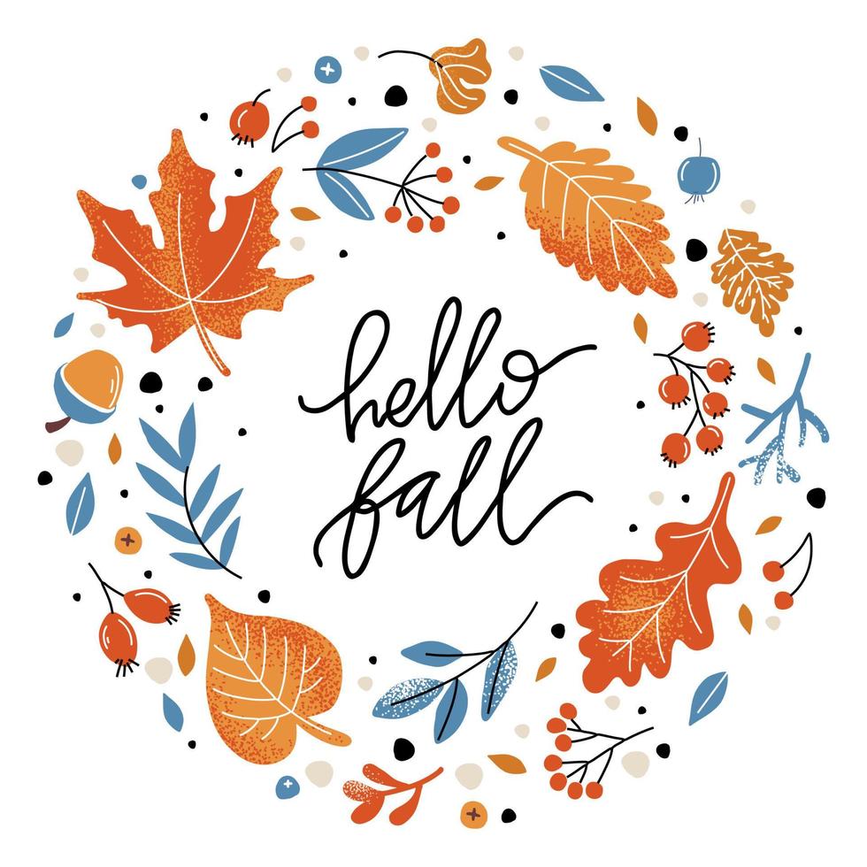 Autumn wreath of yellow leaves and lettering Hello fall. Cozy leaf fall ...