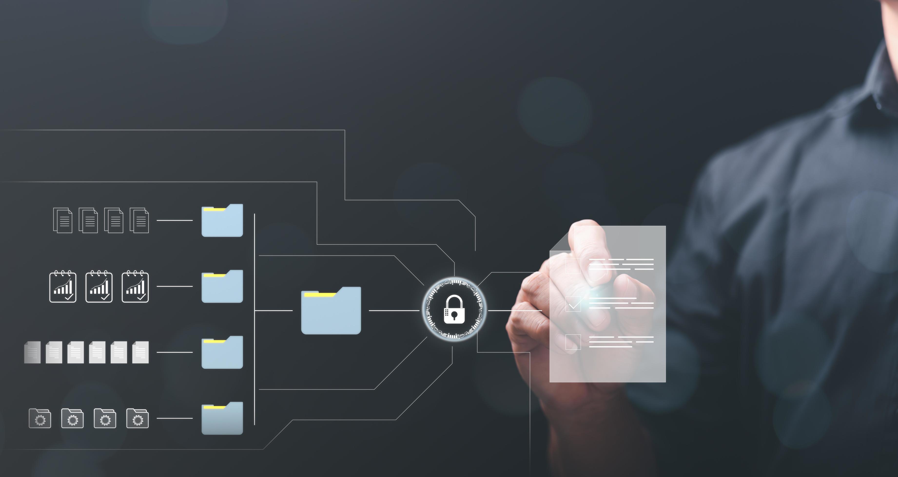 Businessman showing access to information in online documents , through online cybersecurity ...