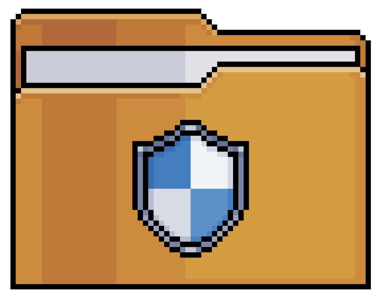 Pixel art folder with shield, secure files, document security vector icon for 8bit game on white ...