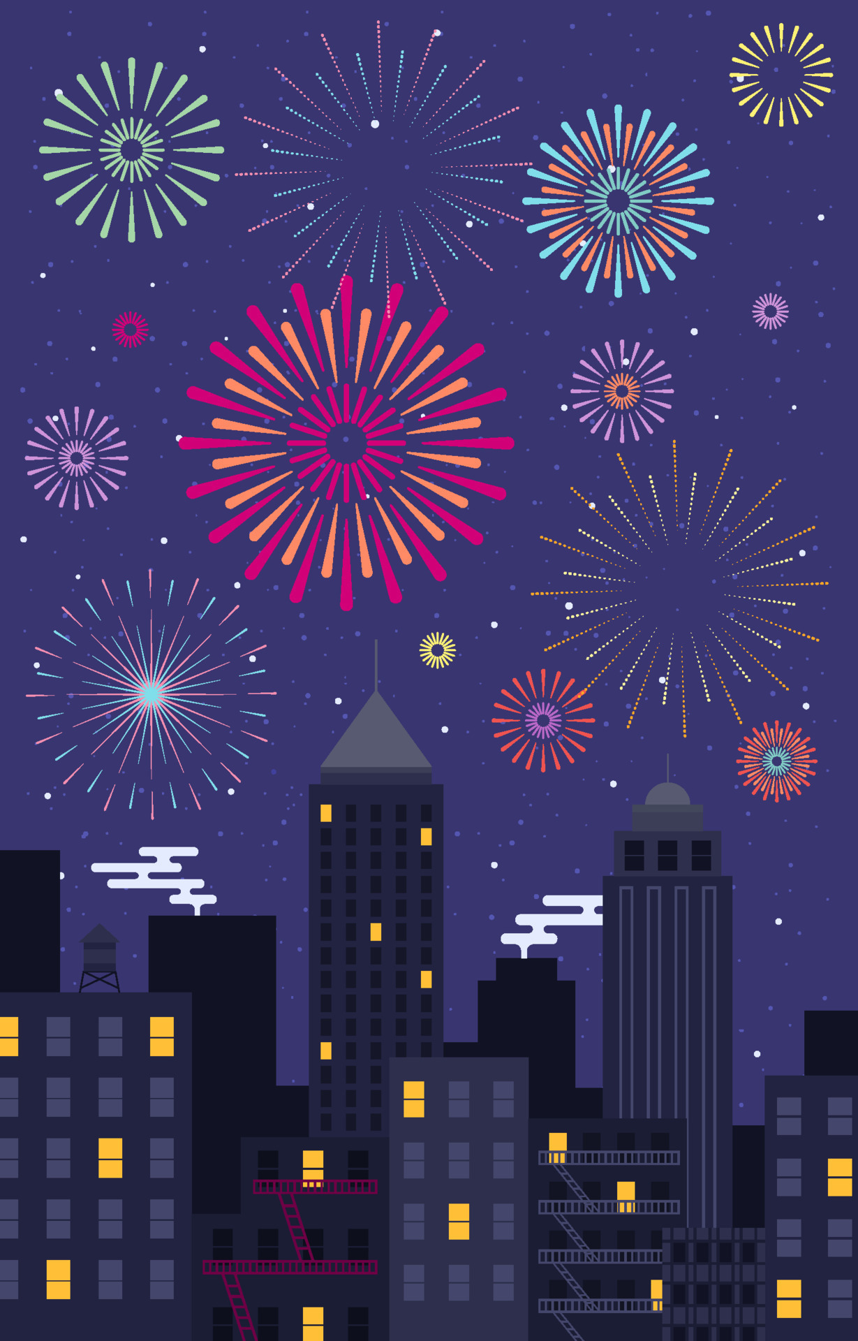Colorful Fireworks On High Tall Buildings Concept 13645806 Vector Art at Vecteezy