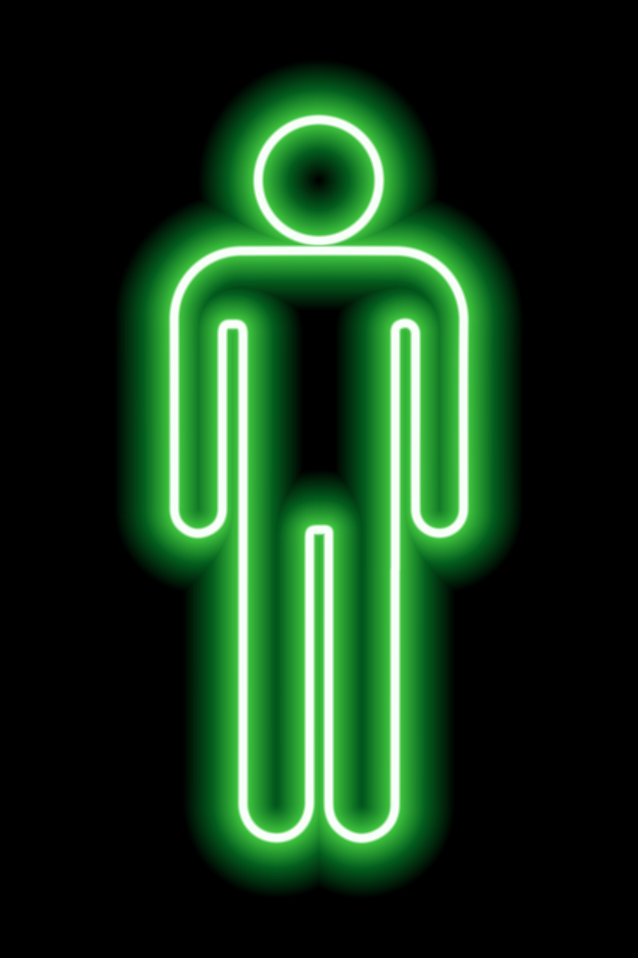 A simple stylized symbol of a man. Male sign. Green neon outline on a black background. Sign men ...