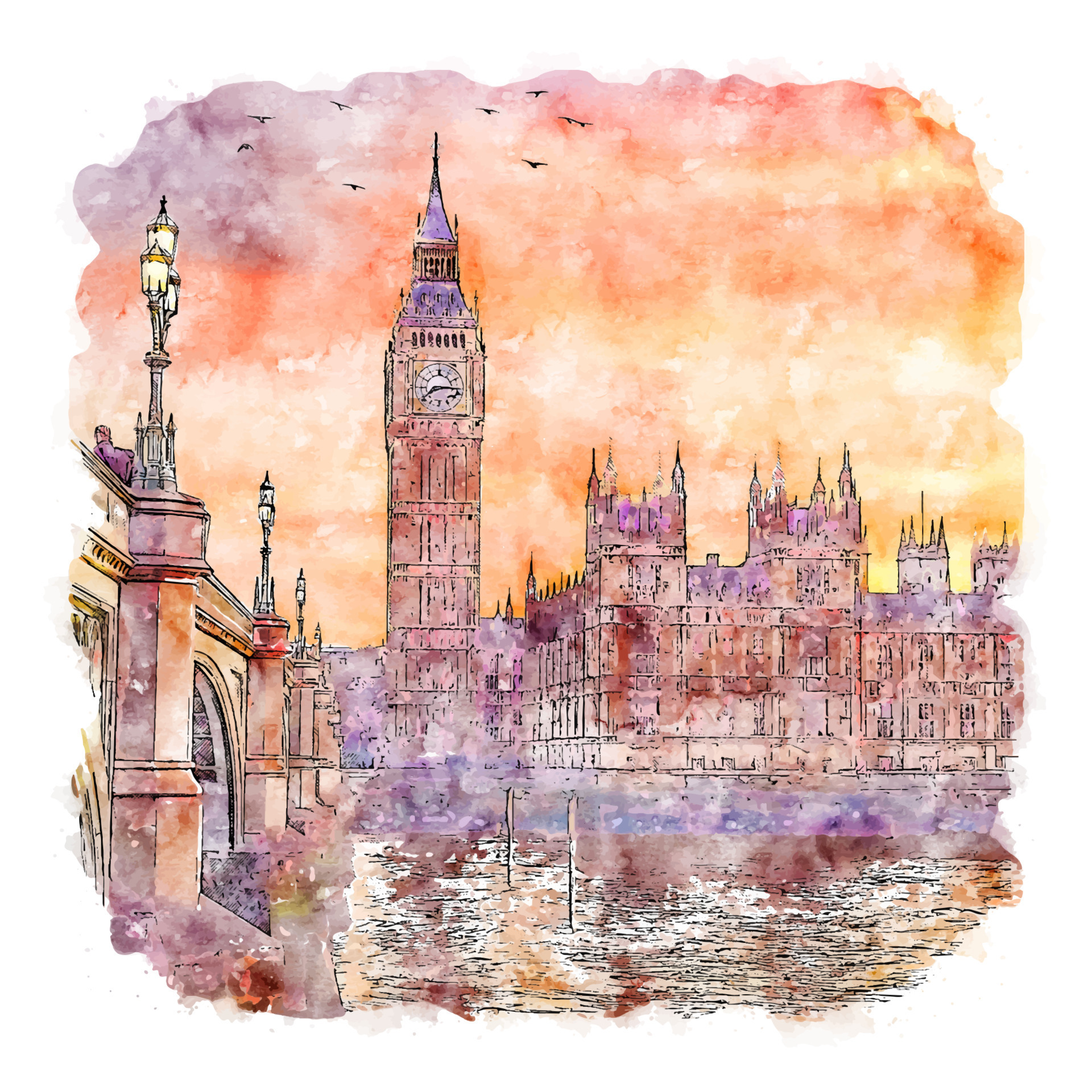 London United Kingdom Watercolor sketch hand drawn illustration ...
