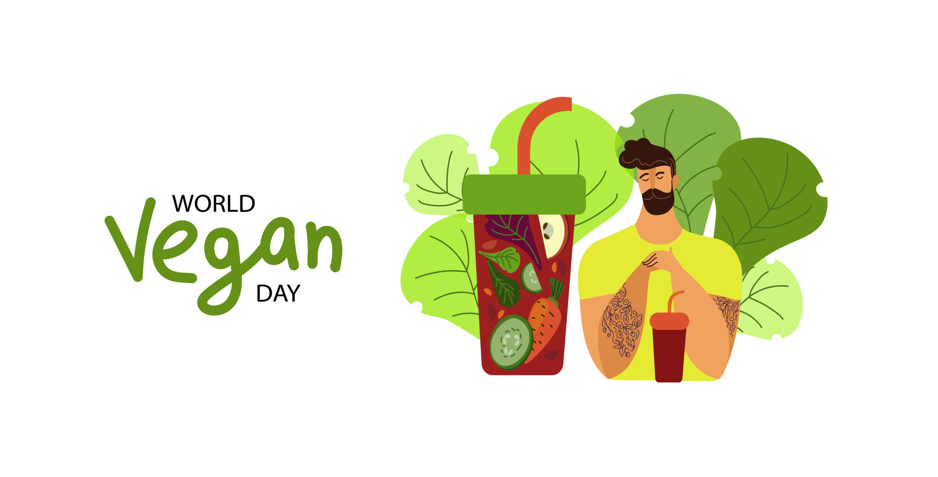 Vector Flat Doodle Cartoon Banner Of World Vegan Day Nutrition Plan