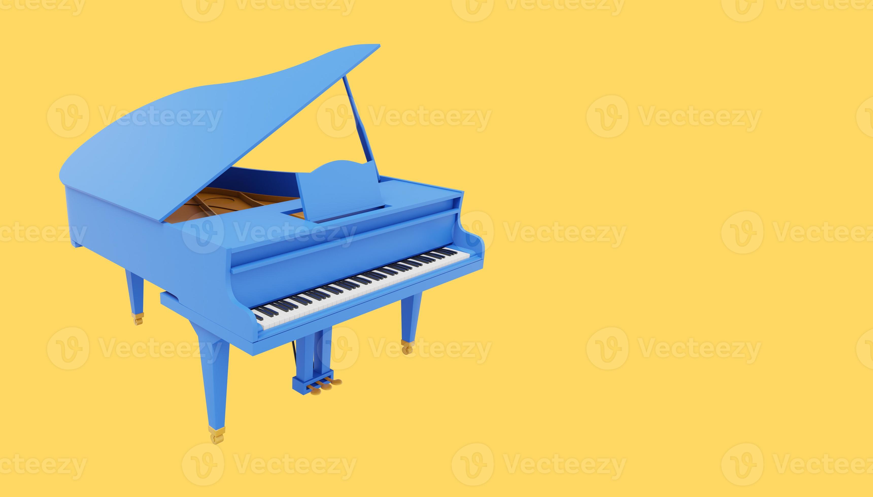 piano de cola azul, instrumento musical. representación 3d icono sobre fondo amarillo, espacio ...