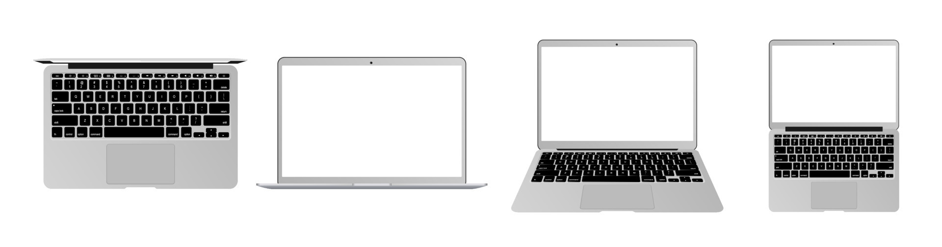 Great Collection realistic laptops. 3D set device. Side, top view back ...