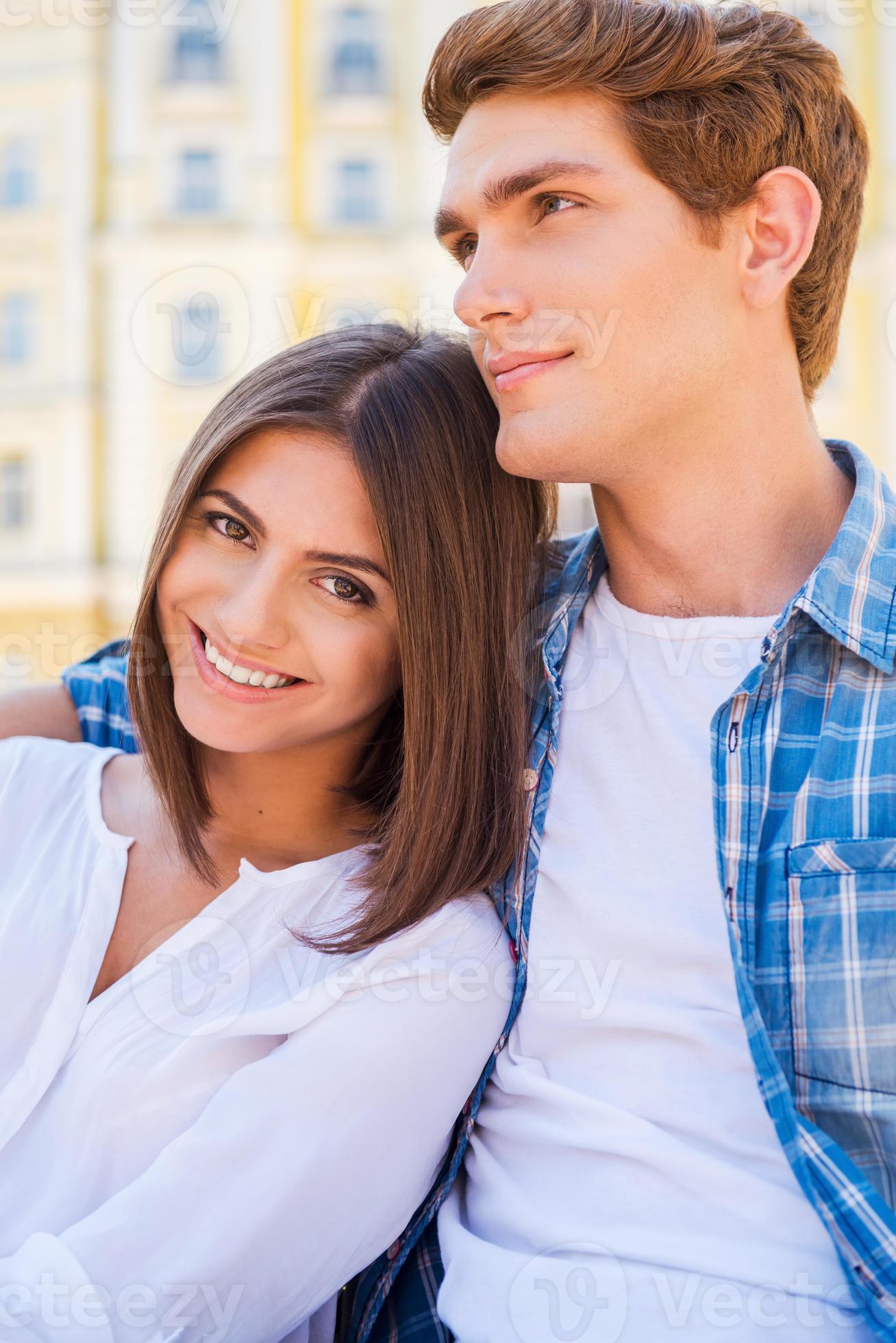 I Love Him So Much Beautiful Young Loving Couple Sitting On The Bench