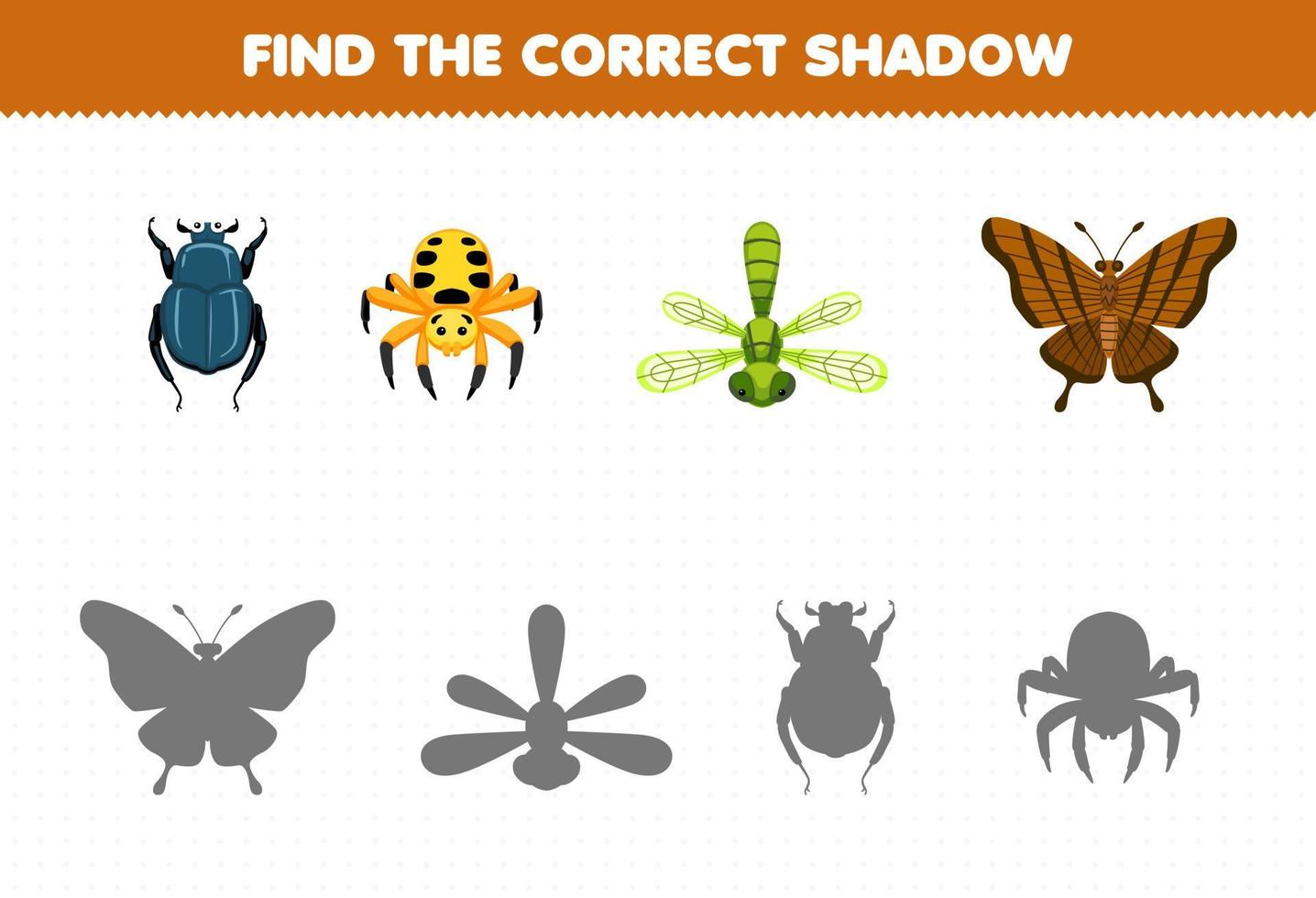 Education game for children find the correct shadow set of cute cartoon beetle spider dragonfly ...