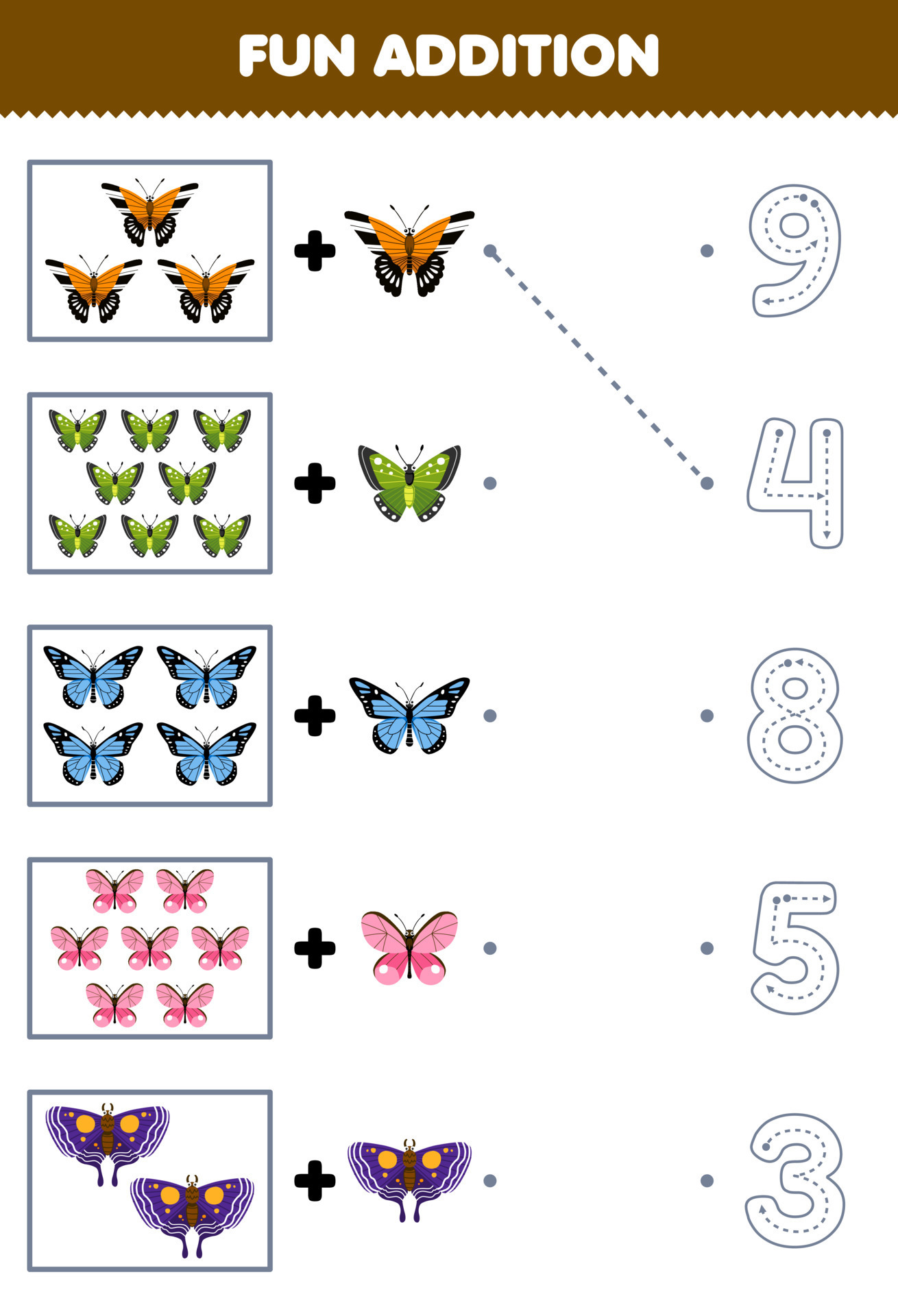 Education game for children fun addition of cute cartoon butterfly then ...