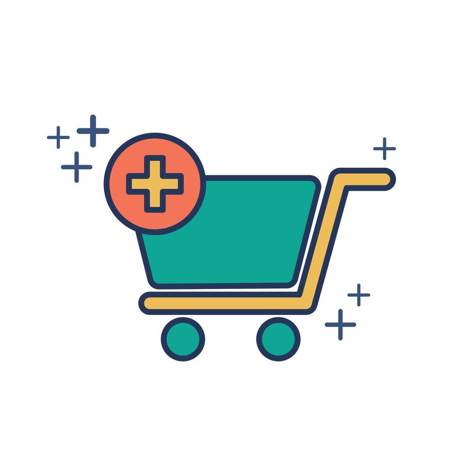 Shopping cart add on order icon vector illustration glyph style design with color and plus sign ...