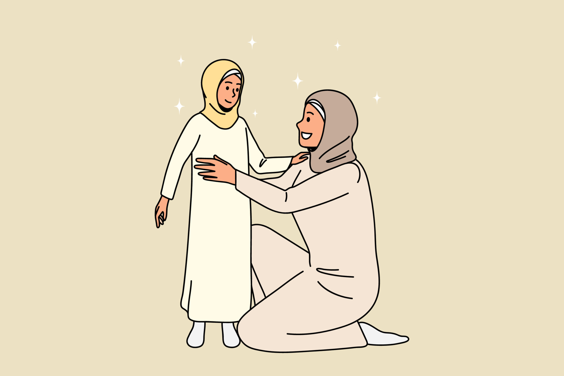 Caring moslem mother in traditional clothes hug cuddle small Islamic ...
