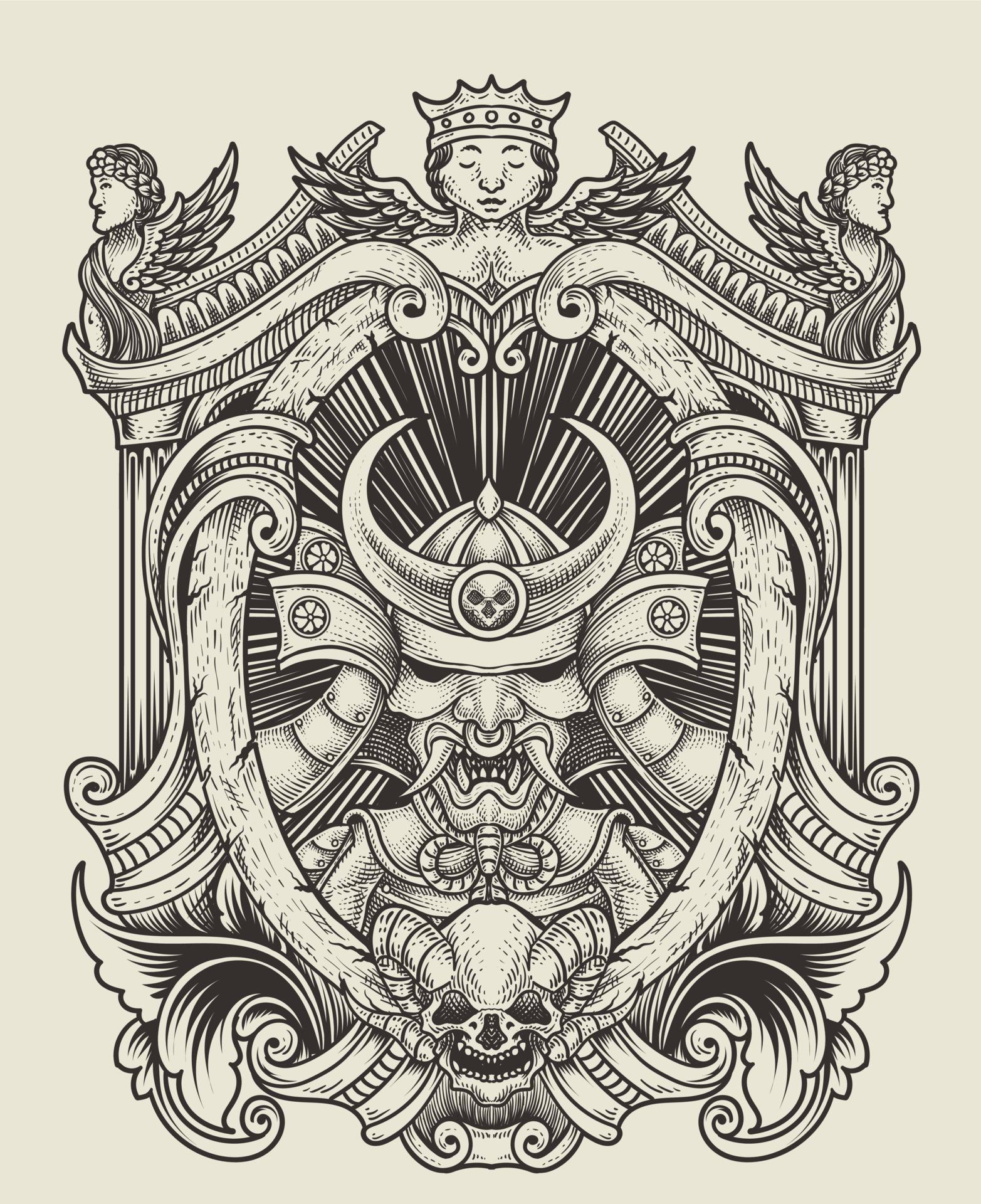 Illustration Isolated Samurai Warriors With Engraving Frame 13704085 Vector Art At Vecteezy