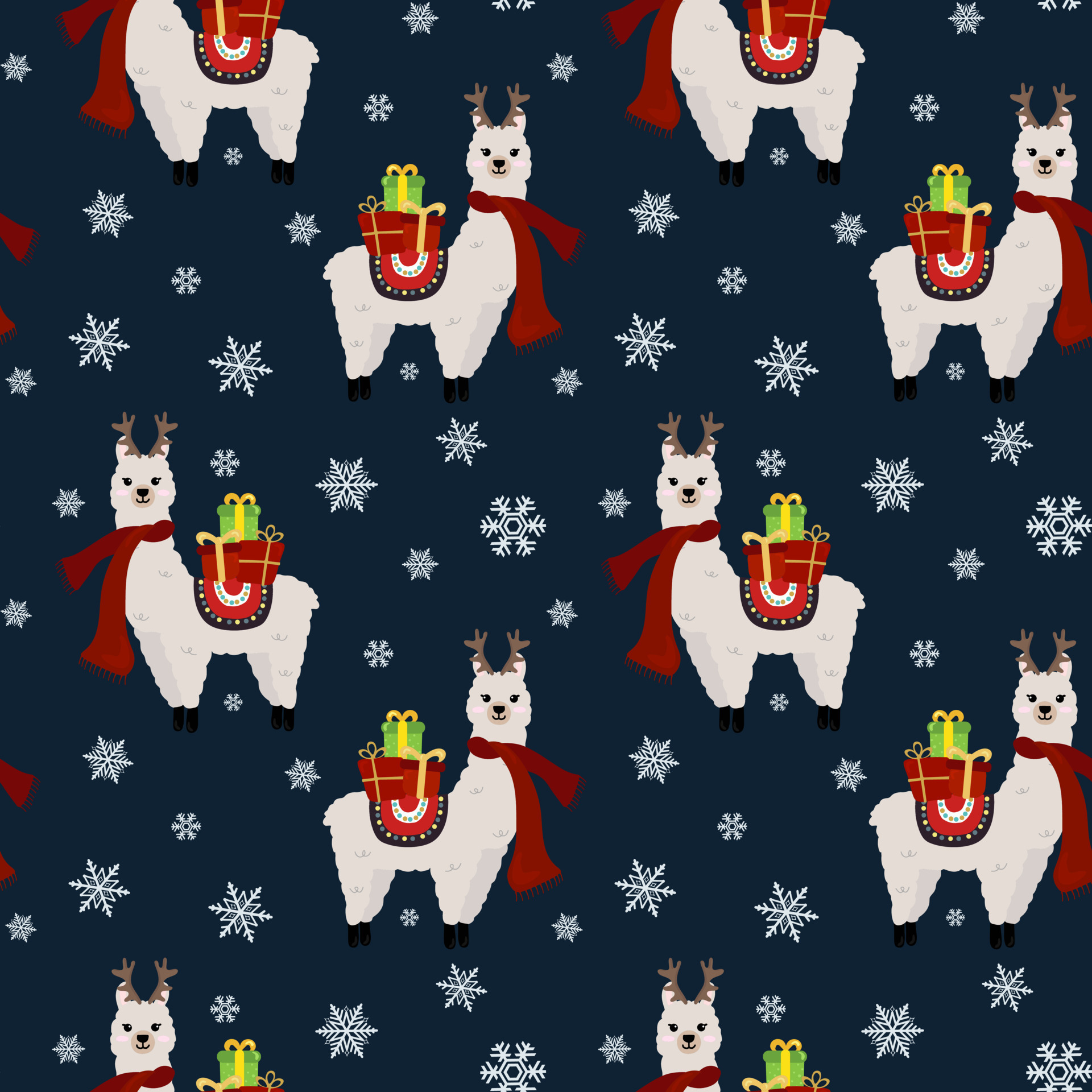 Winter seamless pattern with Christmas llamas, snowflakes and gifts ...