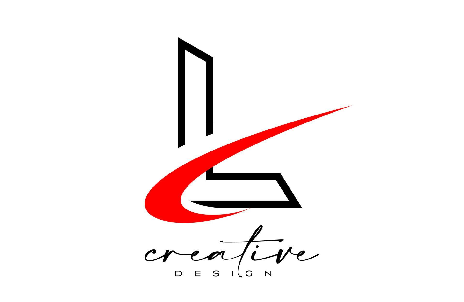 Outline L Letter Logo Design With Creative Red Swoosh Letter L Initial Icon With Curved Shape