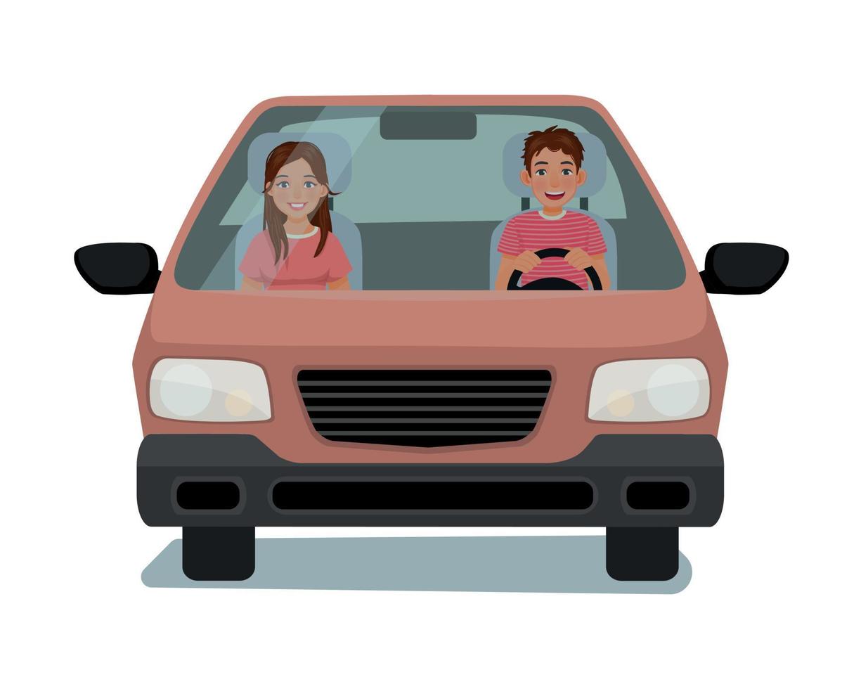 Happy Young Man And Woman In A Car On Trip Front View Cartoon Illustration Design 13708055