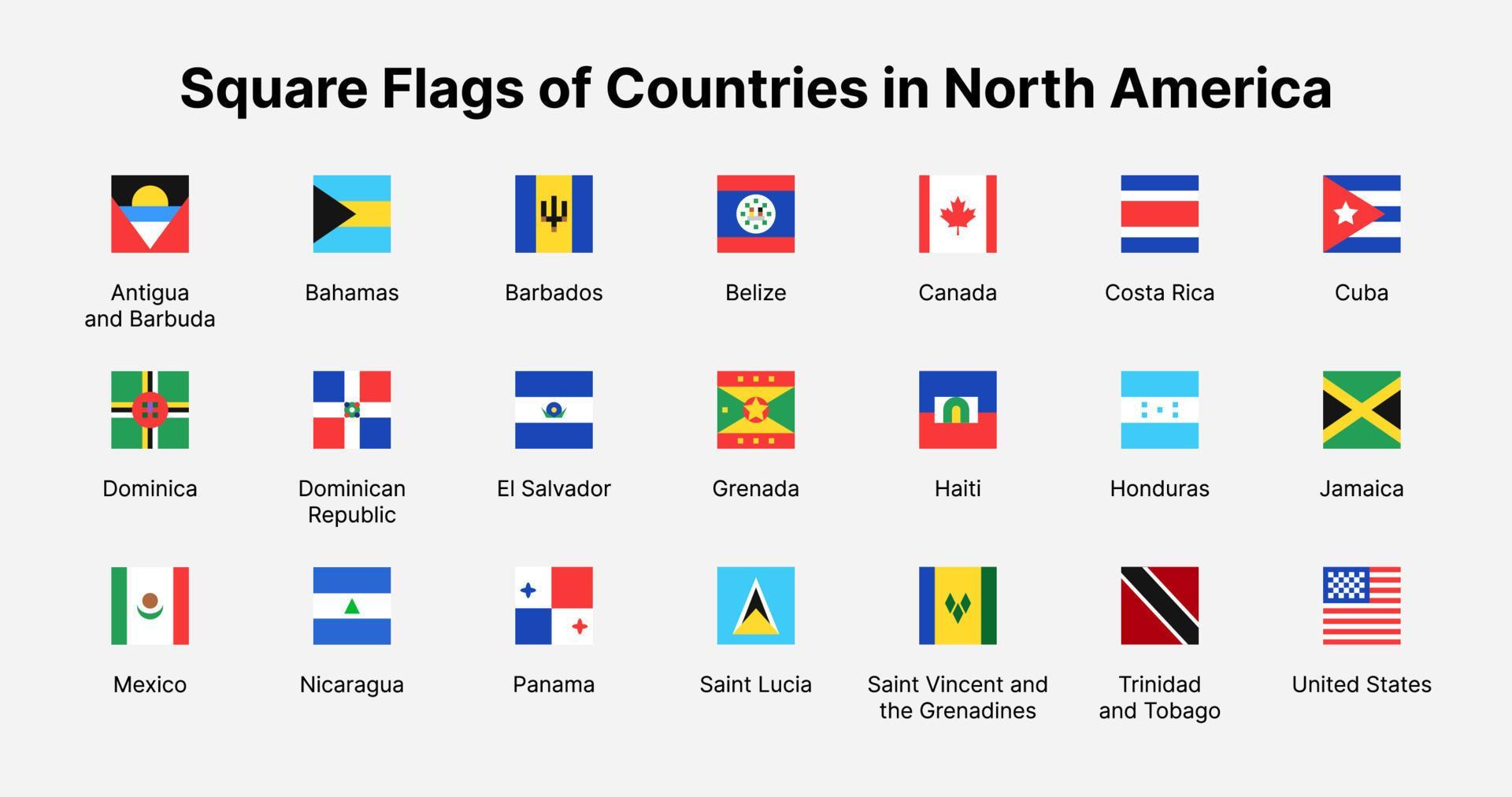 North America countries flags. Square flags of countries in North ...
