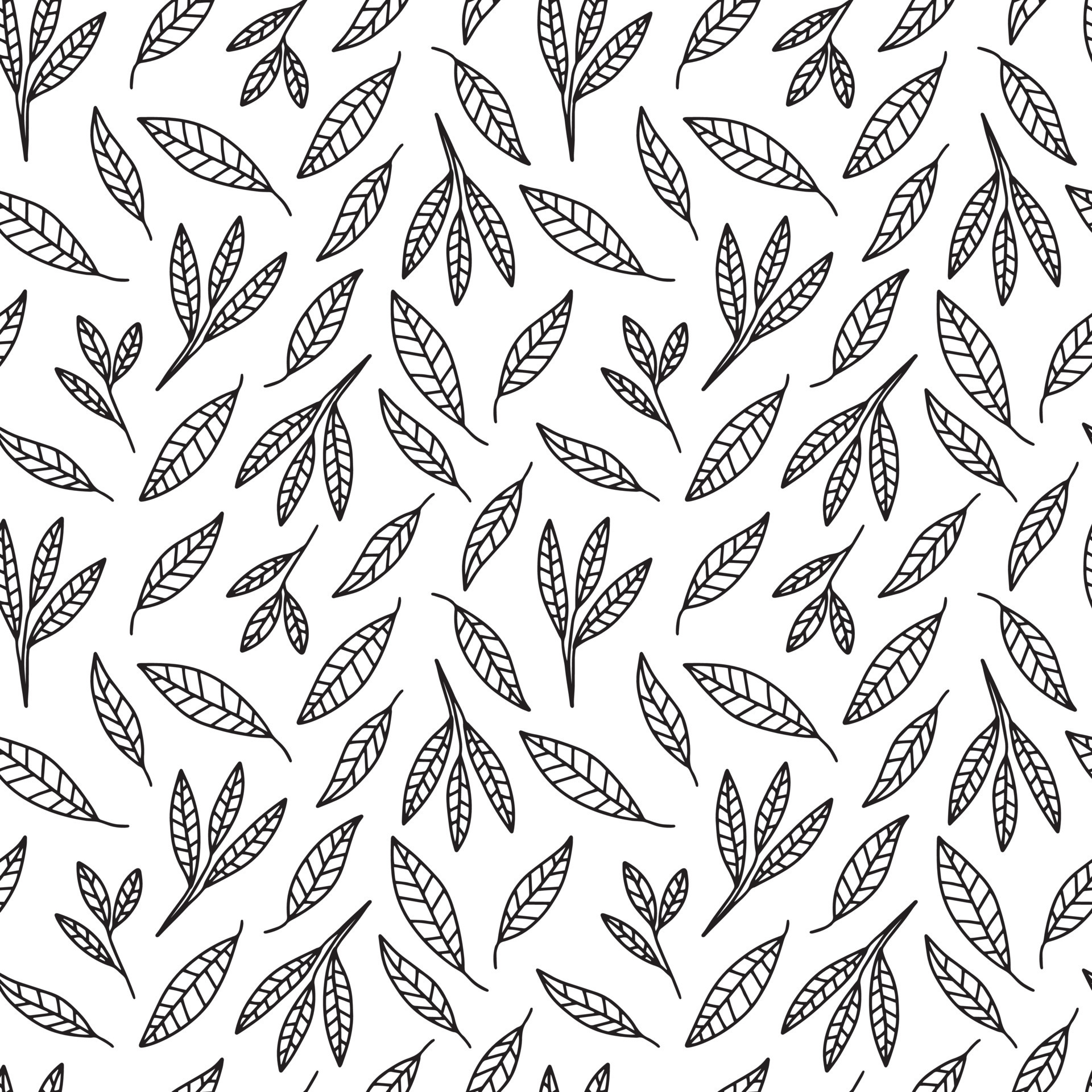 Hand Drawn Doodle Leaves Seamless Patterm Black And White Branch With