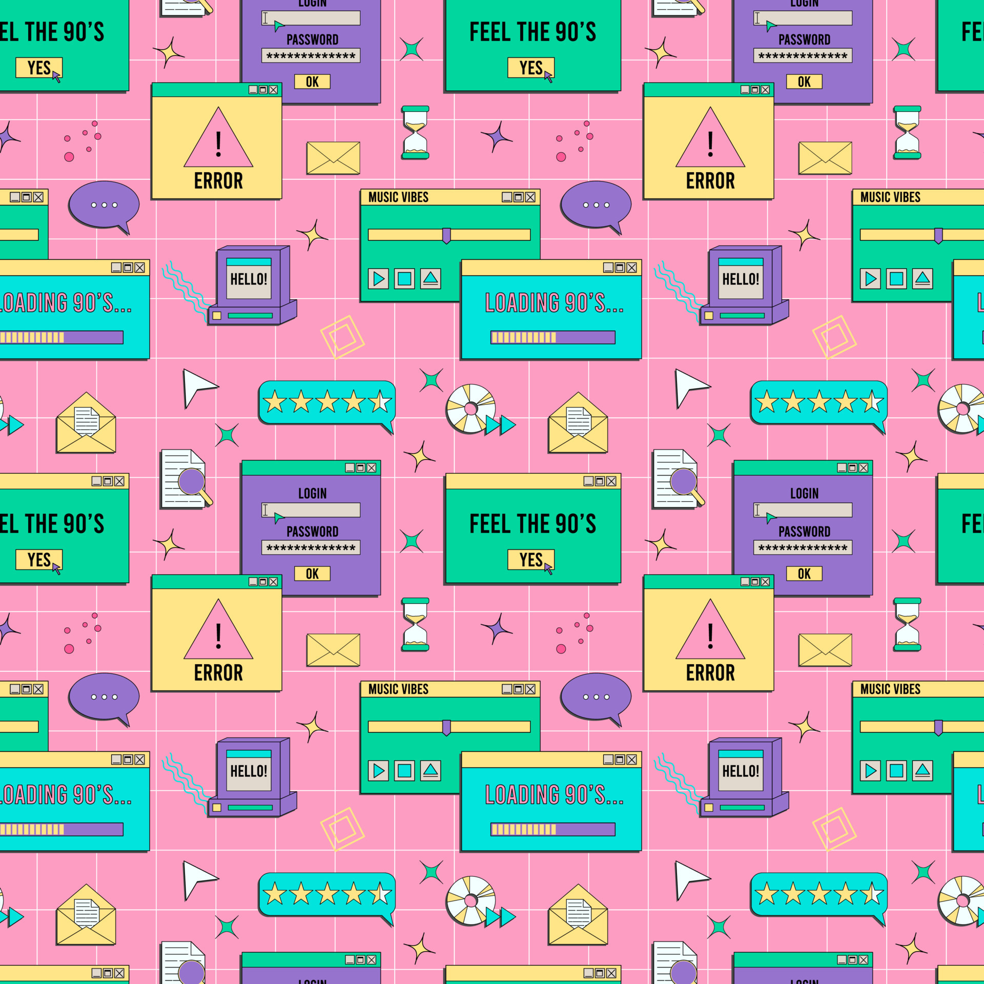 Vaporwave UI and UX elements seamless pattern. PC retro game frame ... Vaporwave UI and UX elements seamless pattern. PC retro game frame ...