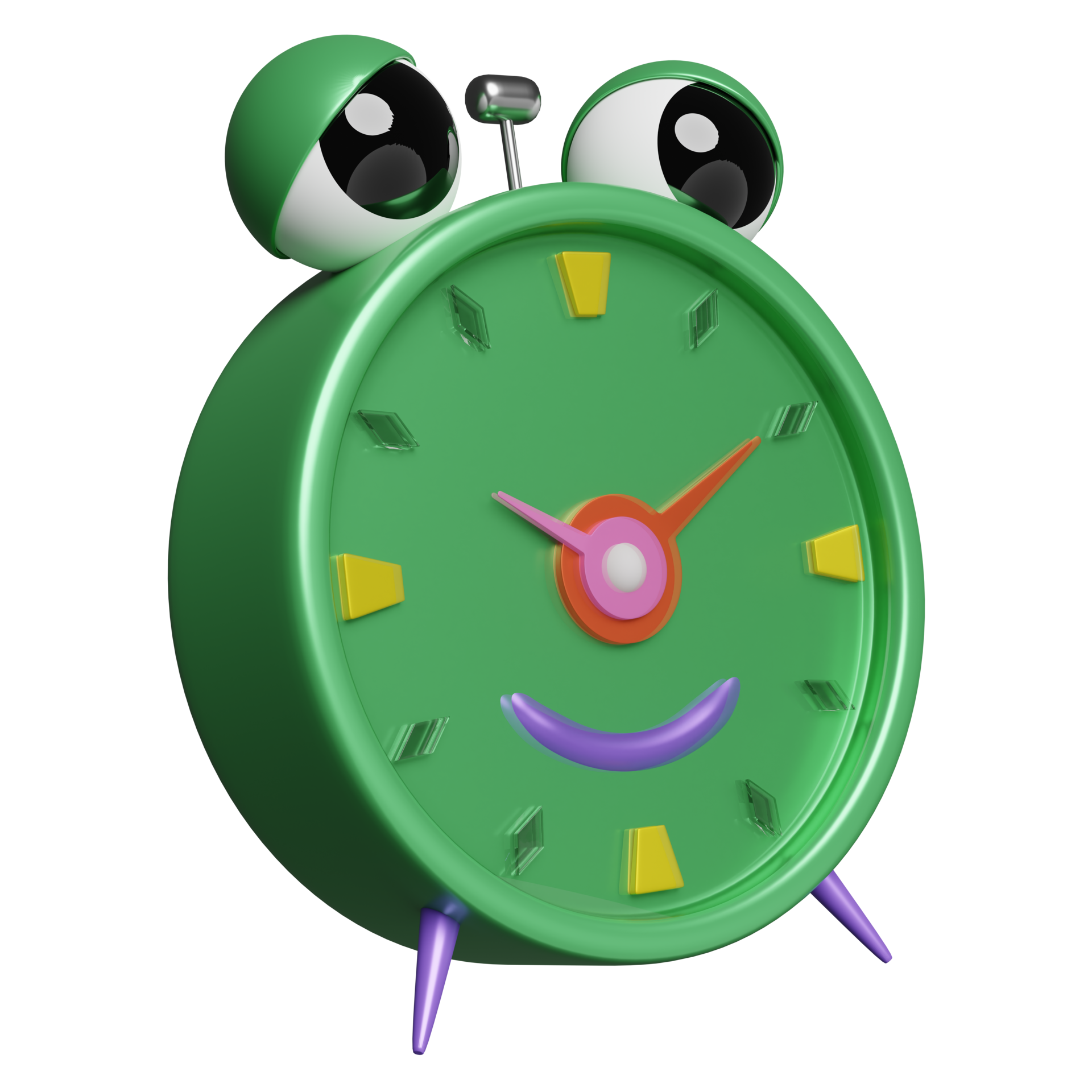 Cartoon Character Green Alarm Clock Wake Up Time Morning Concept 3d