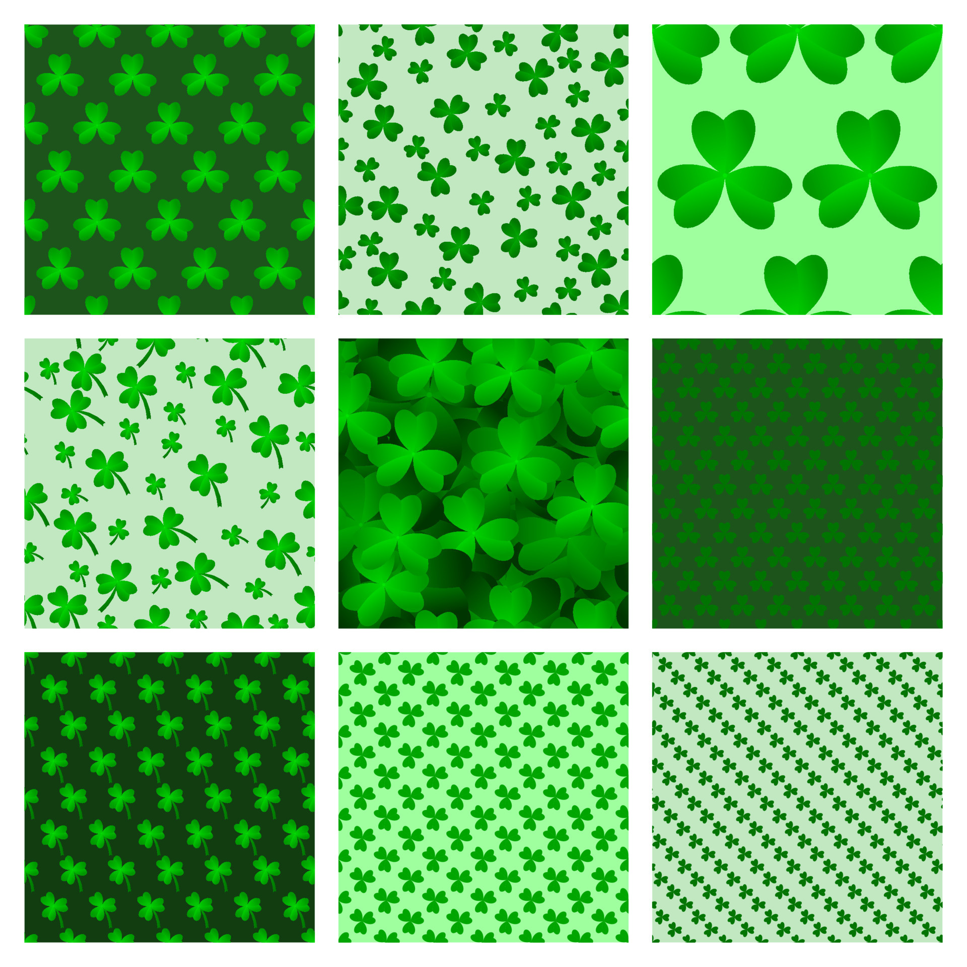 Green clover leaves seamless patterns set. Abstract geometric ...