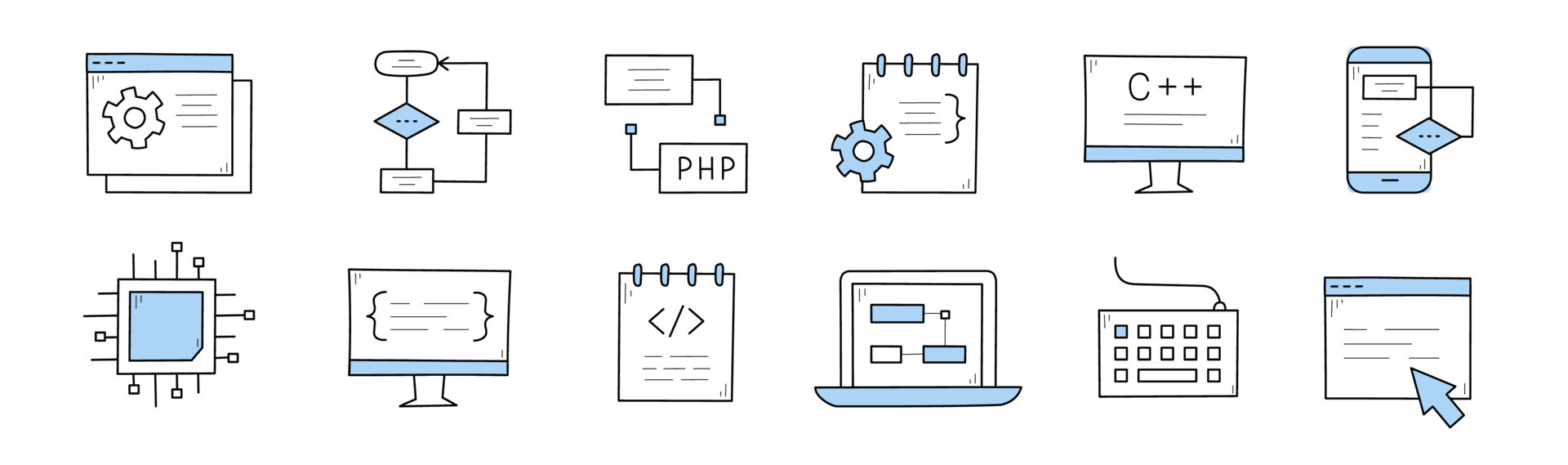Coding And Programming Doodle Icons Vector Set 13717498 Vector Art At Vecteezy