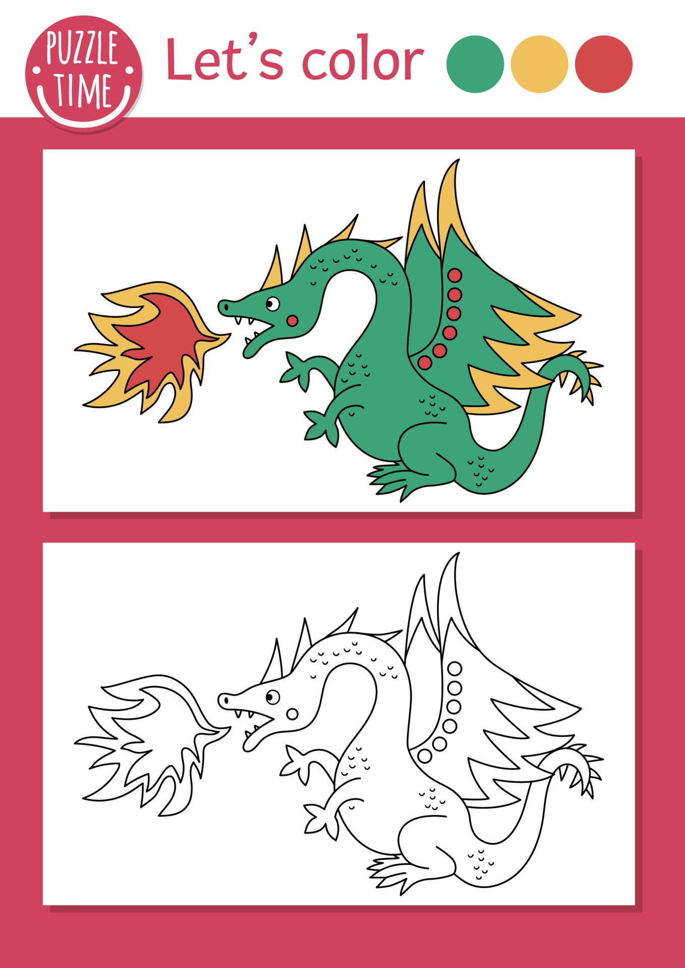 Magic kingdom coloring page for children with dragon, fire. Vector ...