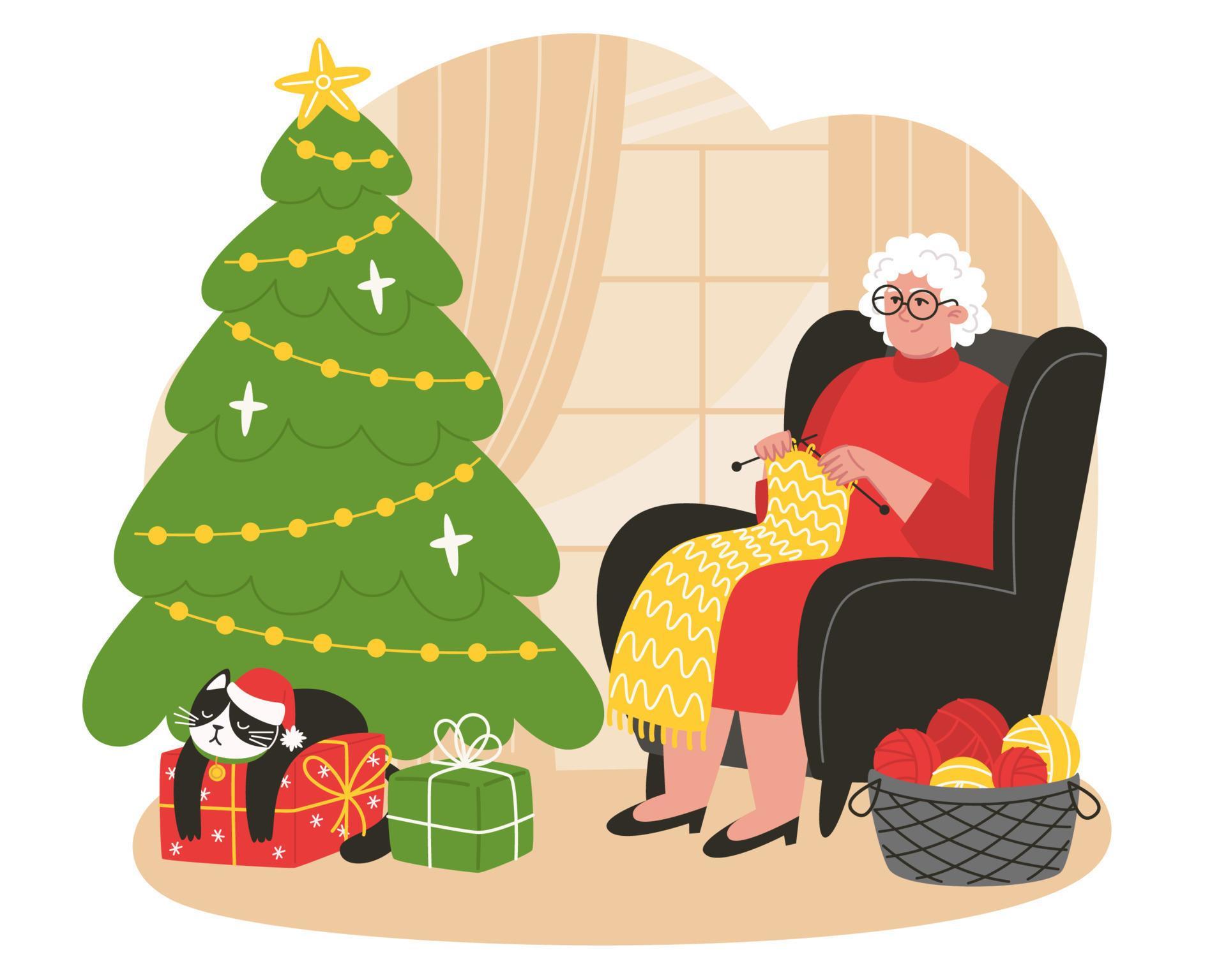 Senior Woman Sits In An Armchair Near Christmas Tree And Knits A Scarf