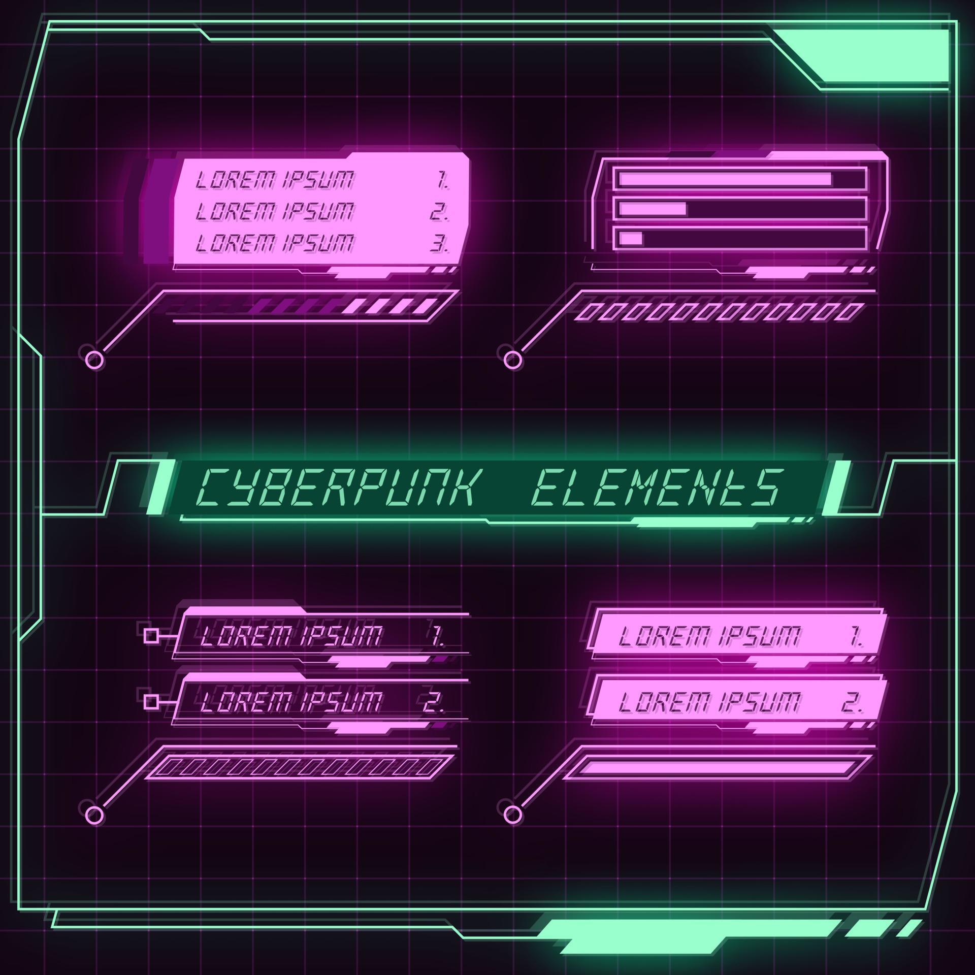 Scifi futuristic control panel collection of HUD elements GUI VR UI design Cyberpunk retro style ...