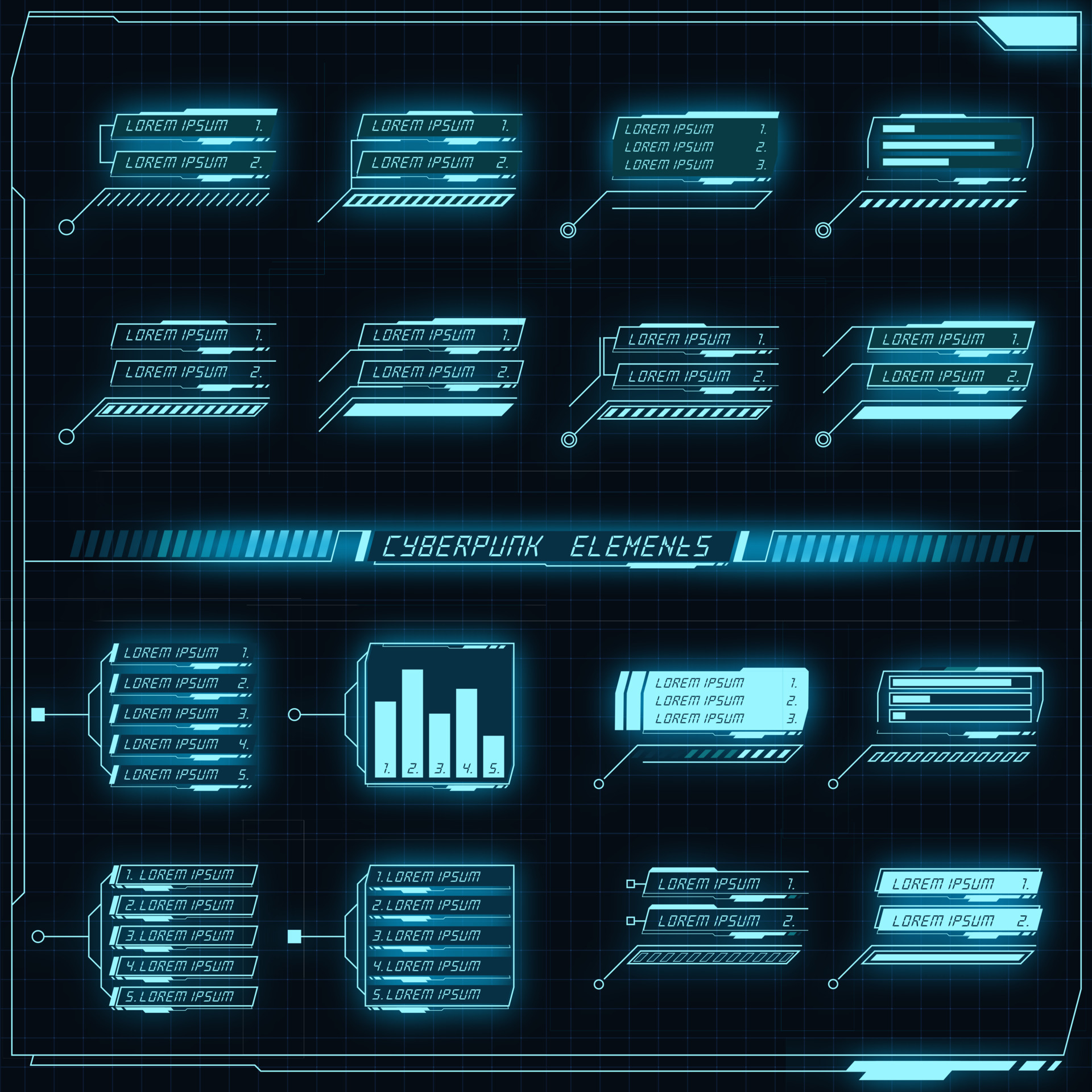 Scifi futuristic control panel collection of HUD elements GUI VR UI design Cyberpunk retro style ...
