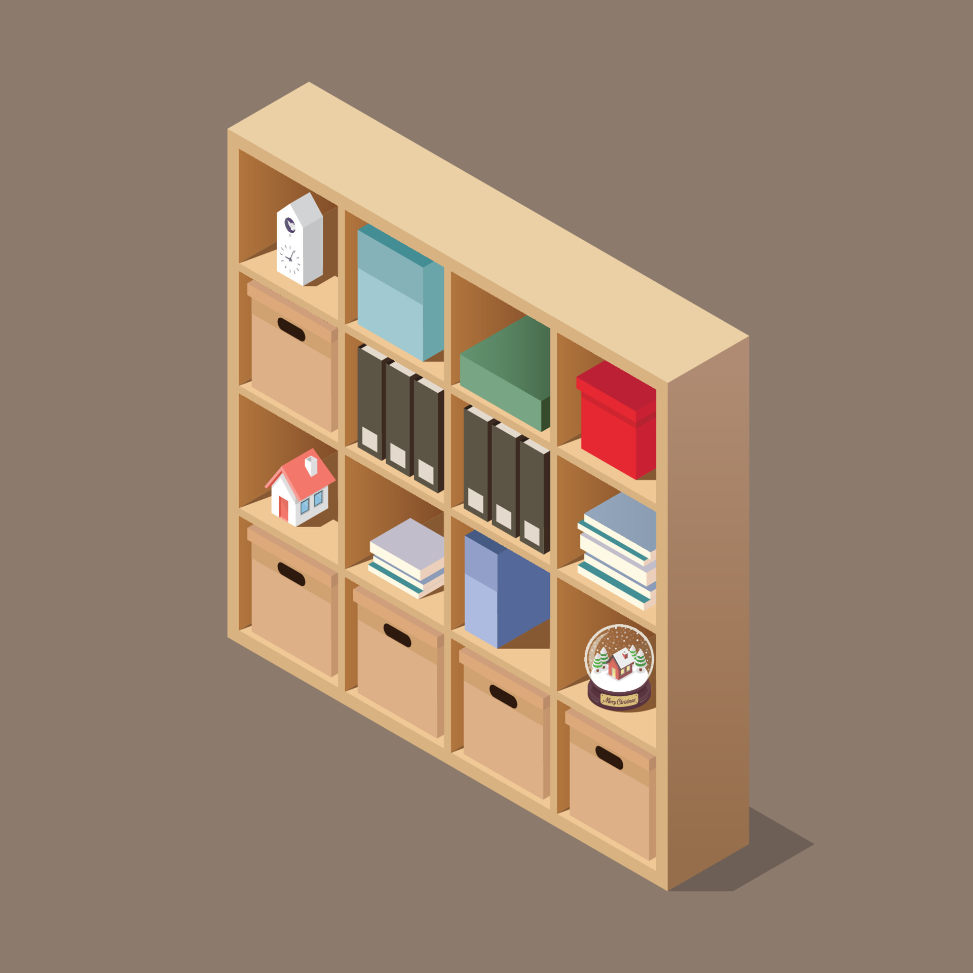 Isometric wooden shelves with books and objects decoration 13734035 ...