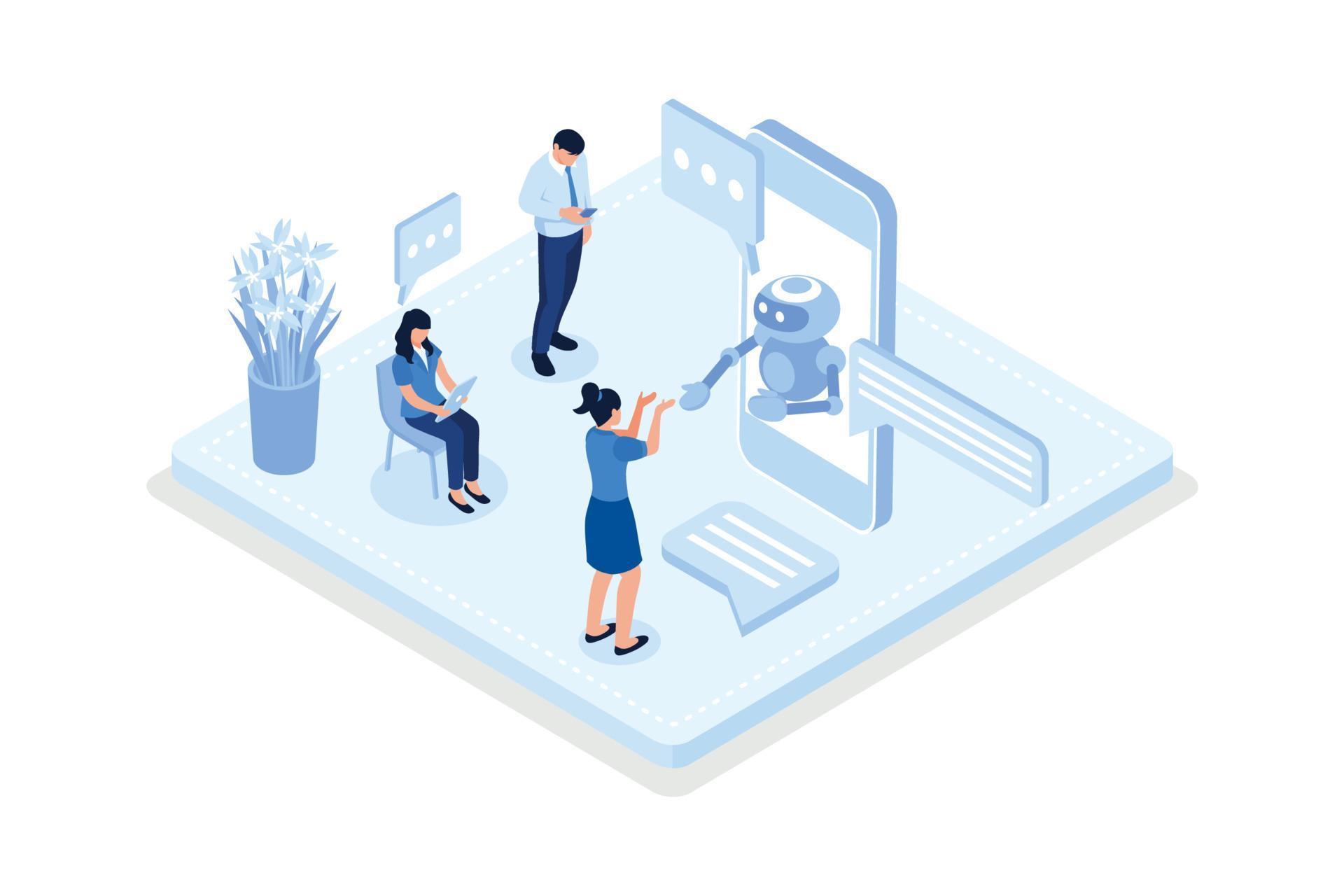 Customers having dialog with chatbot on smartphones. Characters chatting with robot, asking ...