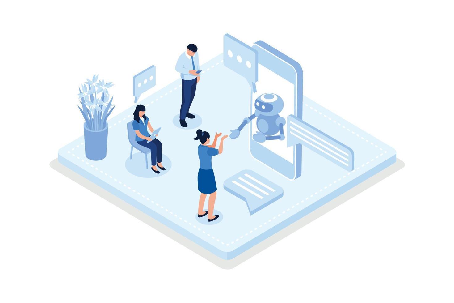 Customers Having Dialog With Chatbot On Smartphones Characters Chatting With Robot Asking