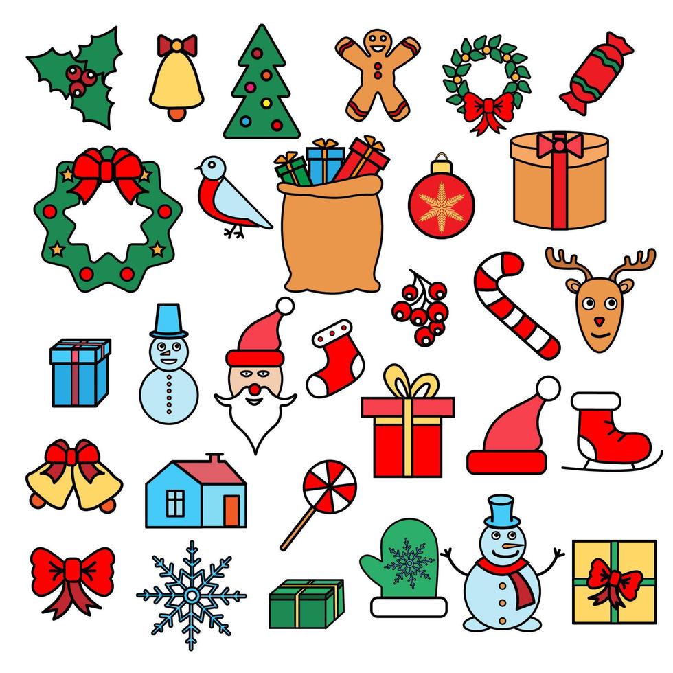 Christmas and Happy New Year2021 Thin Line Icons Set with Santa Claus ...