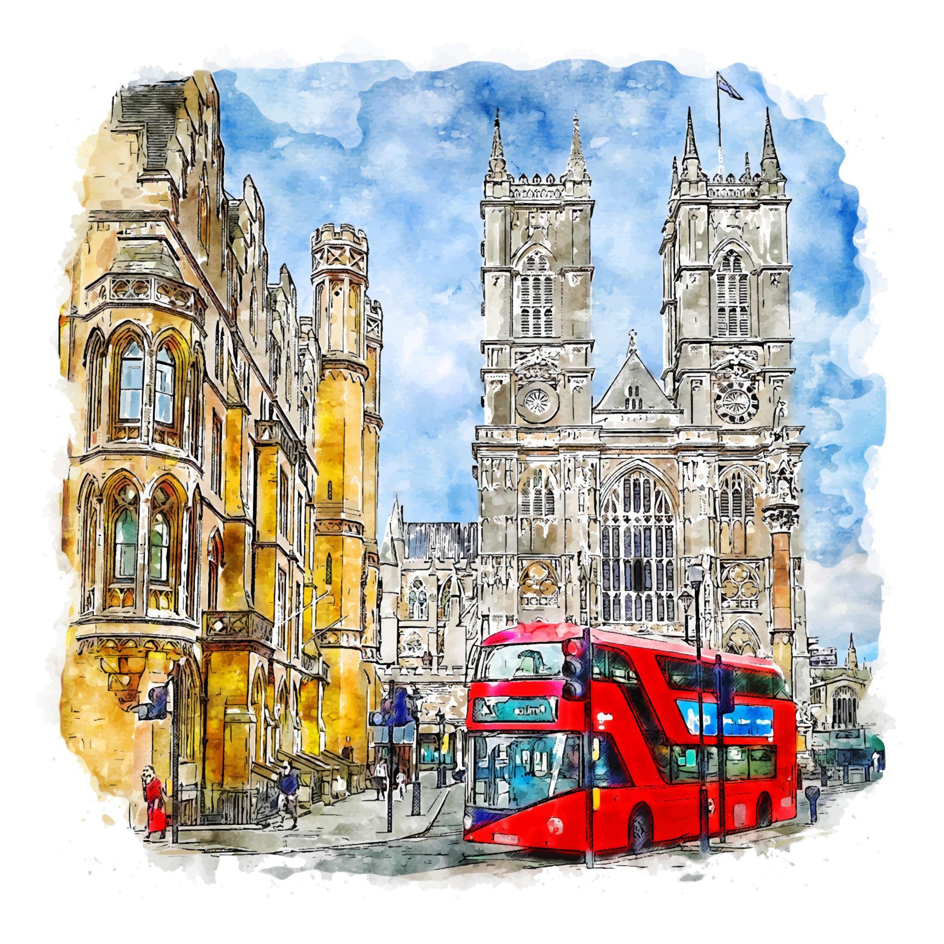 London United Kingdom Watercolor sketch hand drawn illustration ...