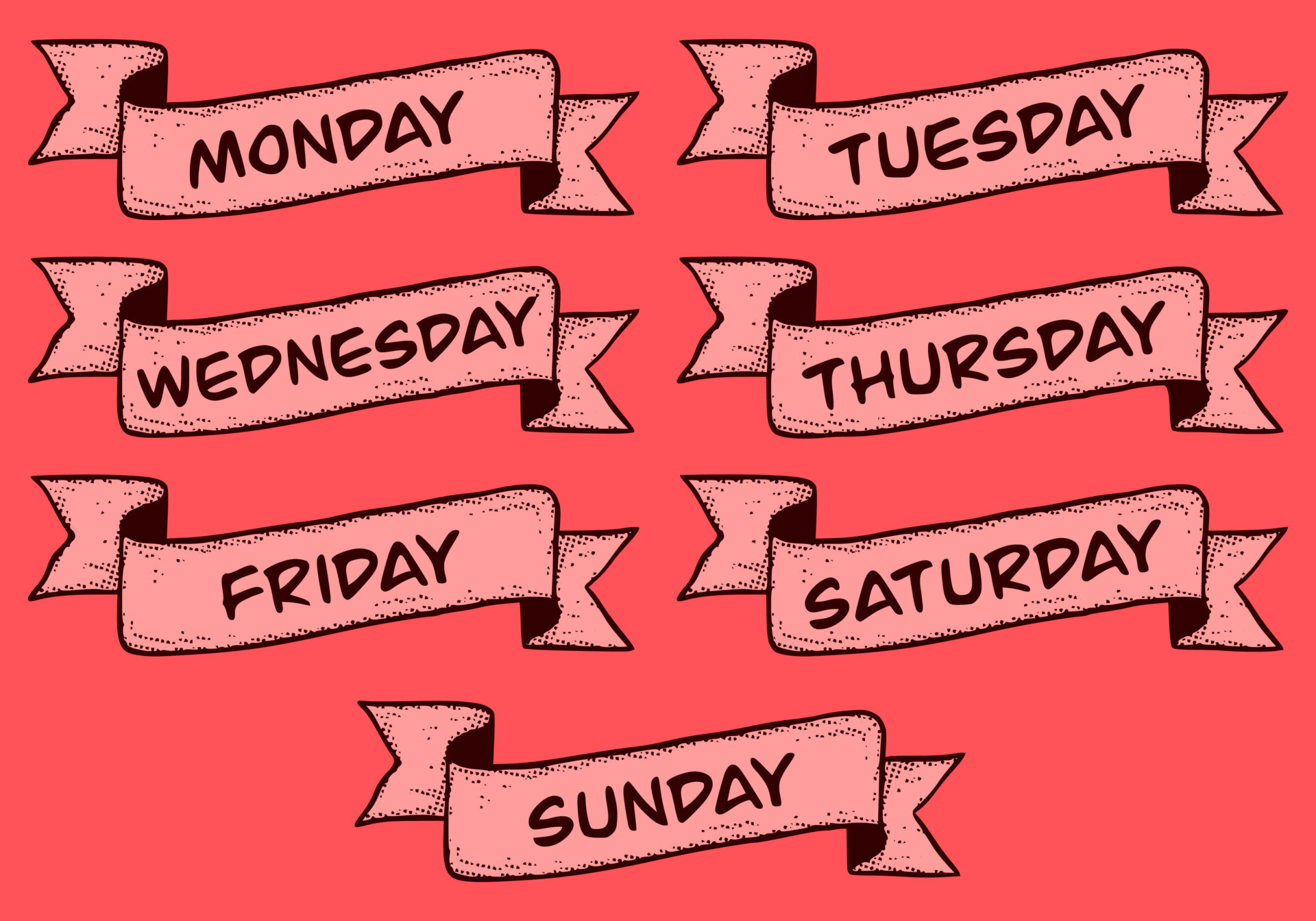 Red Days name of the week on ribbon hand drawn sketch for element ...