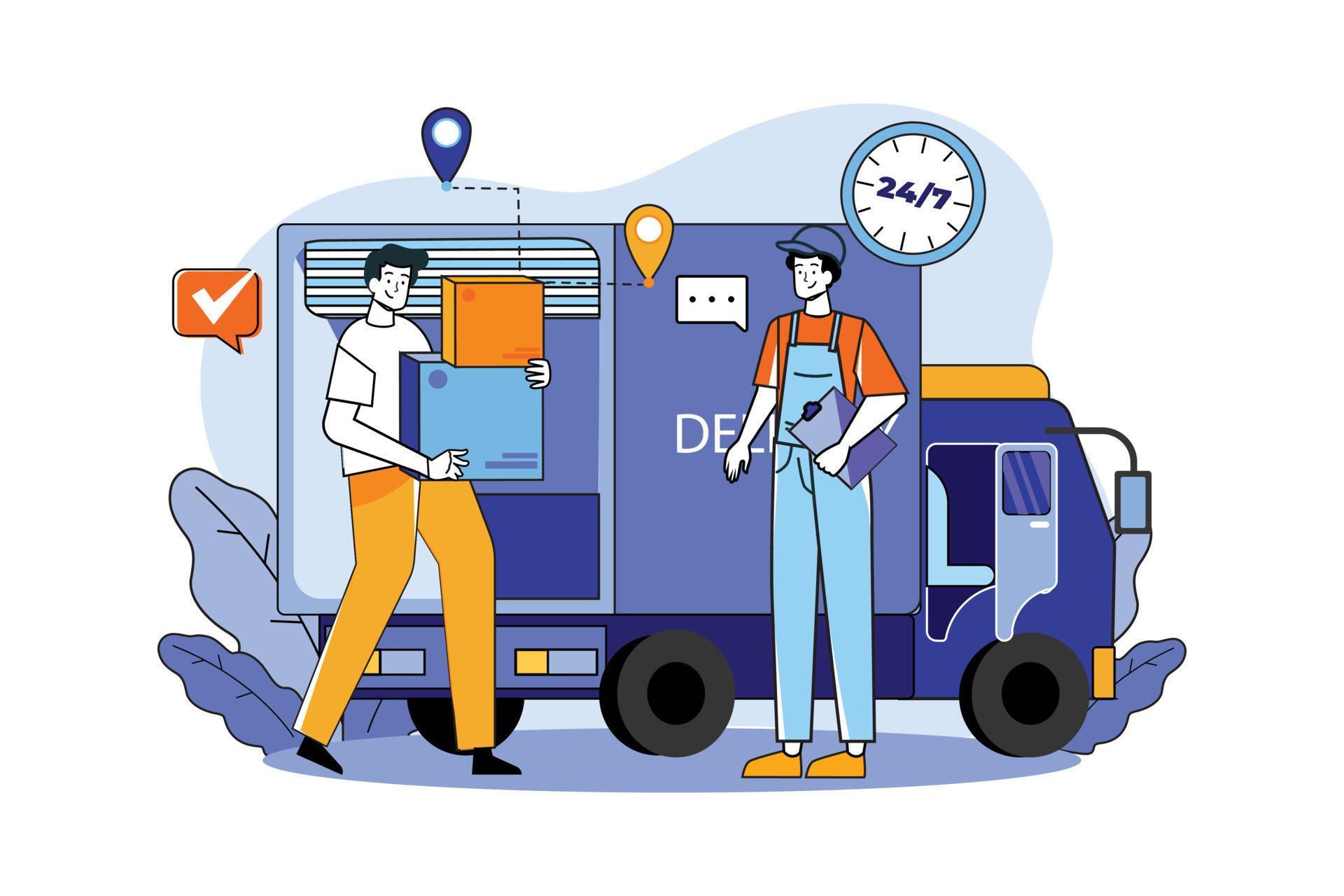 Two guys getting ready to ship cargo by a delivery truck 13768271 Vector Art at Vecteezy