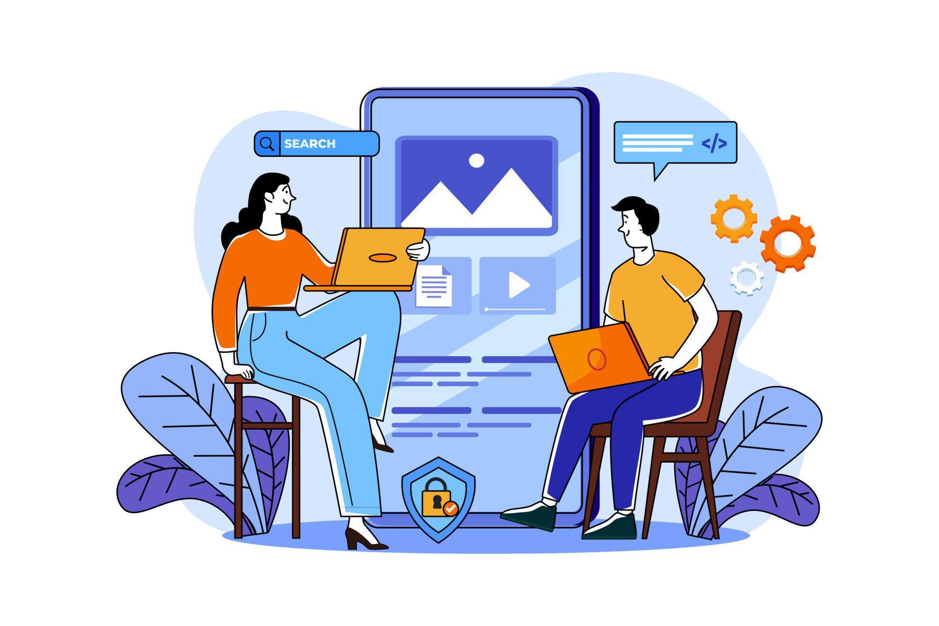 Product team programming mobile app with laptop 13768356 Vector Art at ...