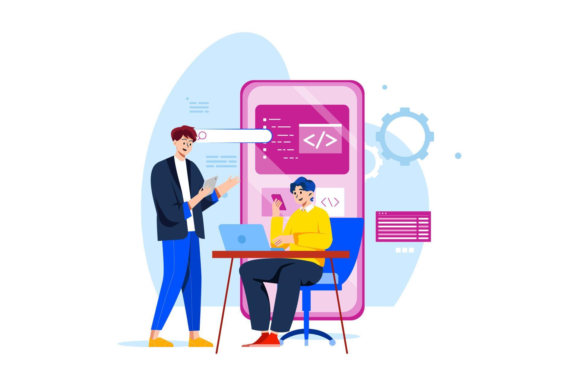 Product team programming mobile app with laptop 13768397 Vector Art at ...