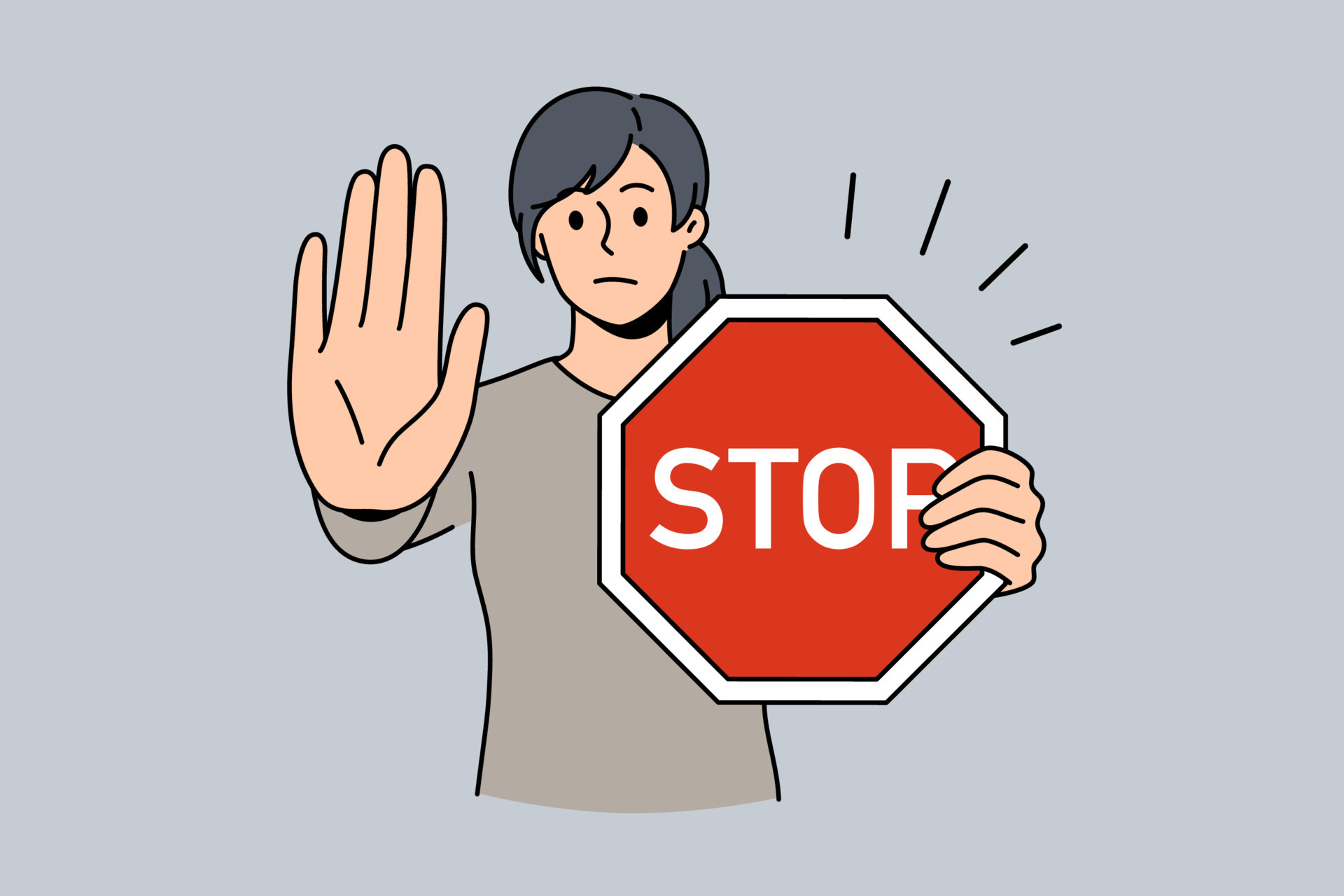 Stop sign and rejection concept. Young serious woman cartoon character ... Stop sign and rejection concept. Young serious woman cartoon character ...