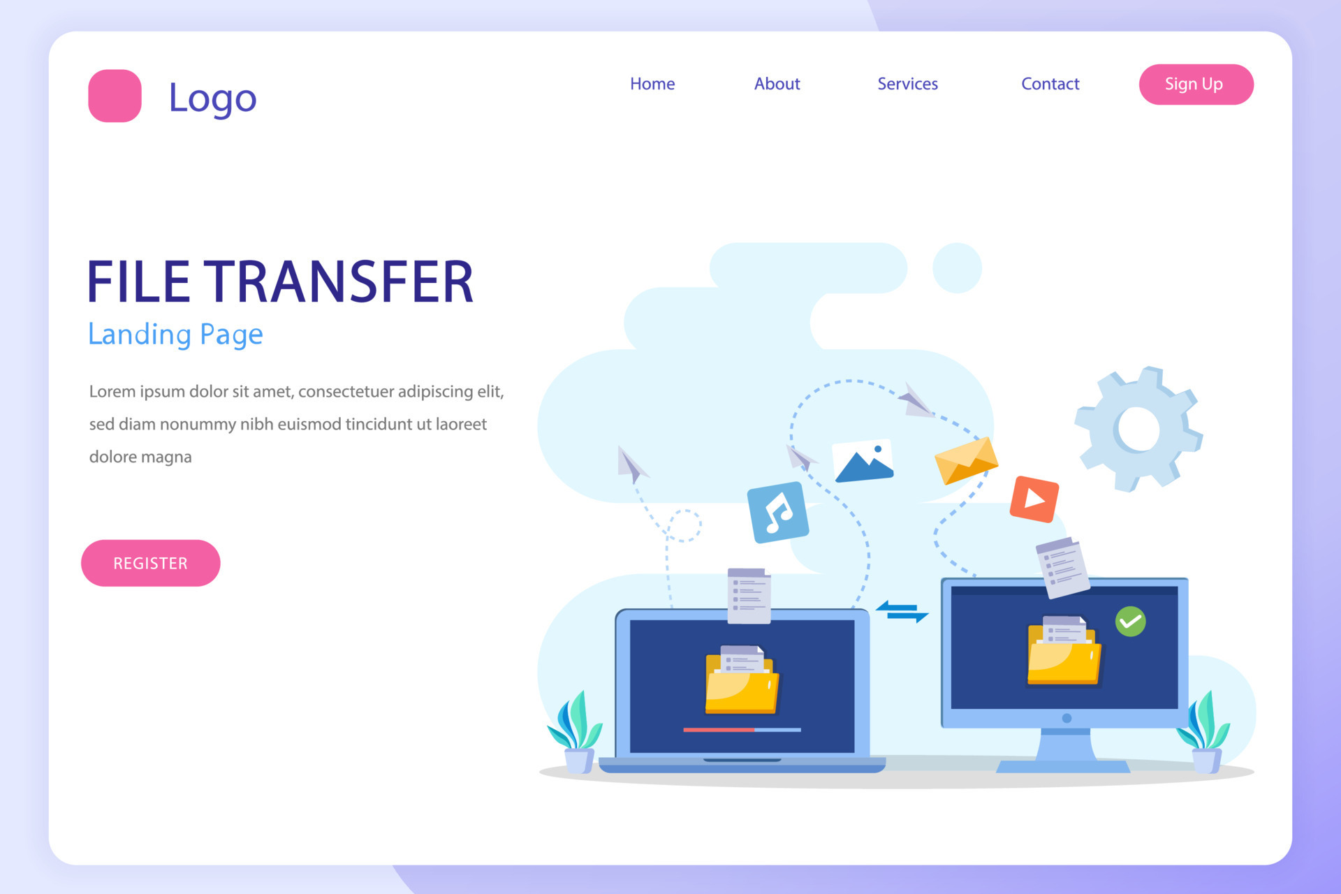 File Transfer Concept Backup Data Technology Cloud Upload And Download Flat Vector Template