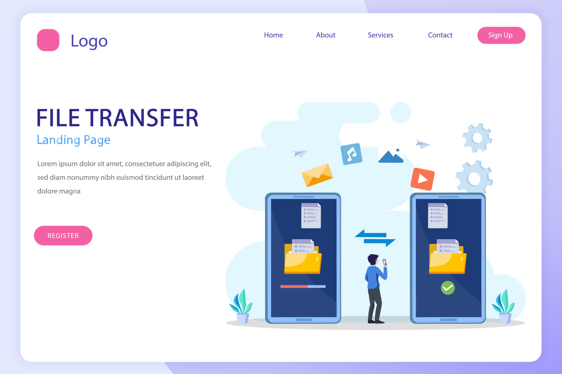file transfer concept, backup data, technology cloud, upload and download, Flat vector template ...