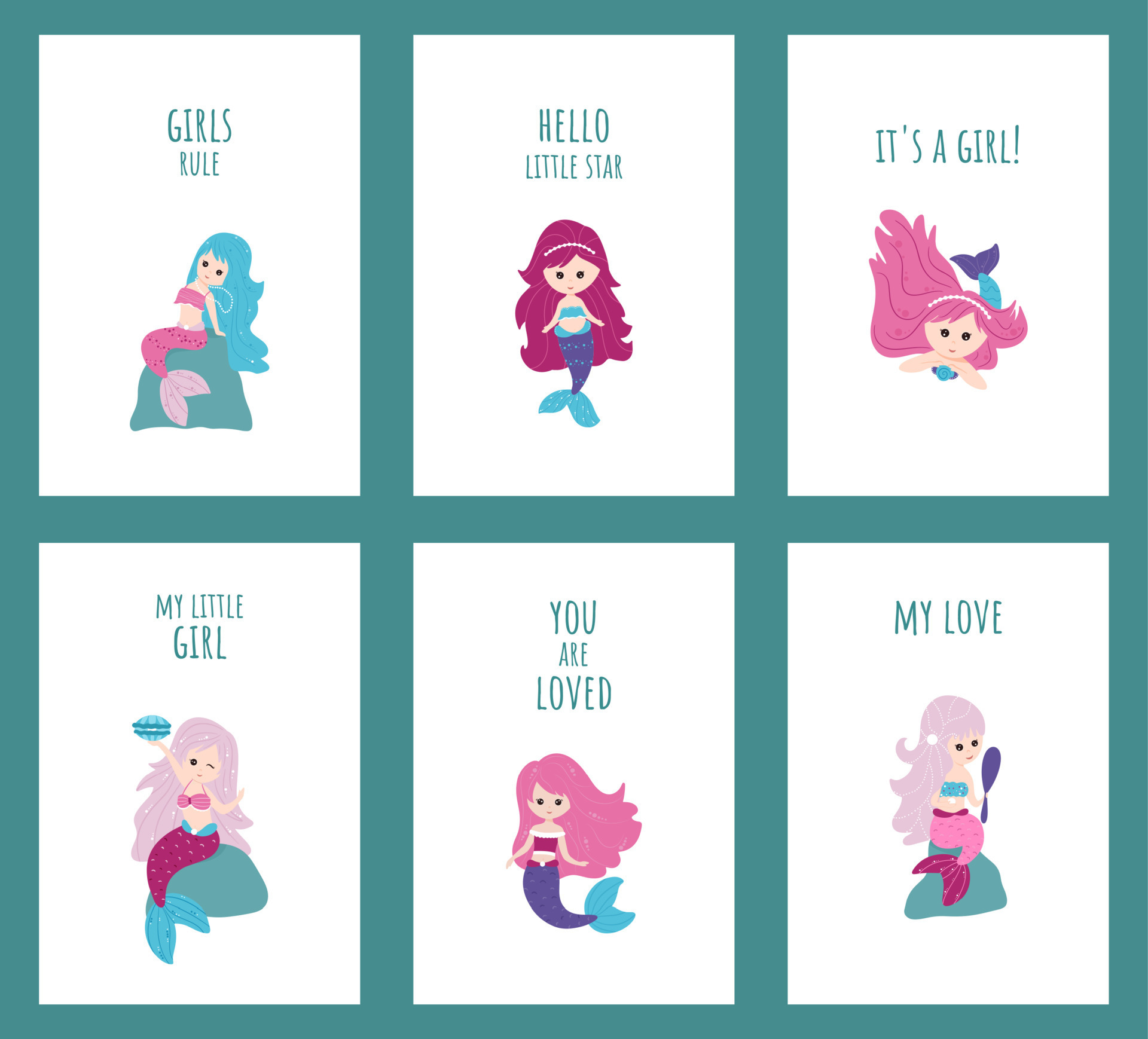 Set of posters, greeting cards with cute little mermaid.Vector cartoon ...