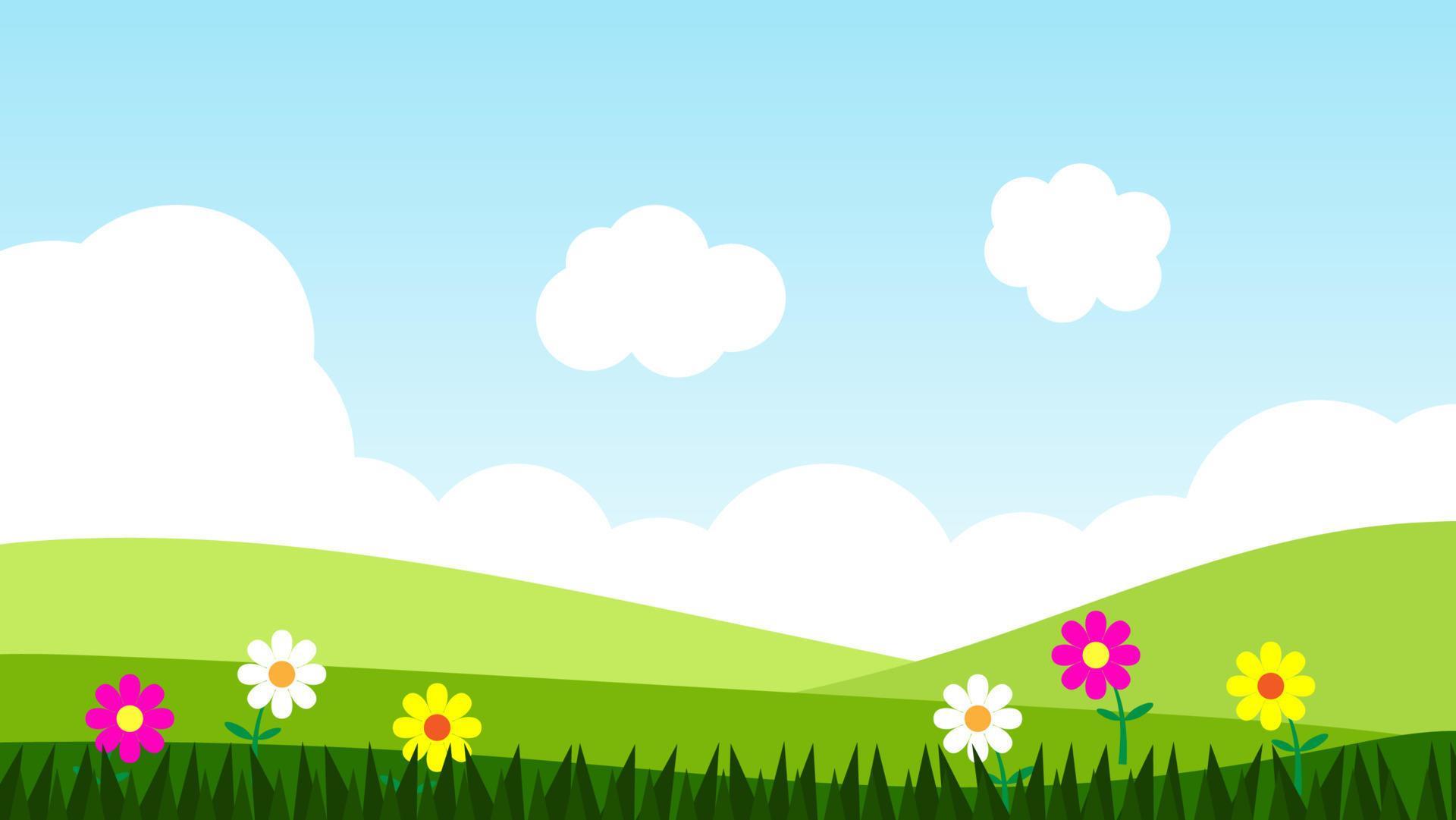 landscape cartoon scene with colorful flowers and green grass on hill ...