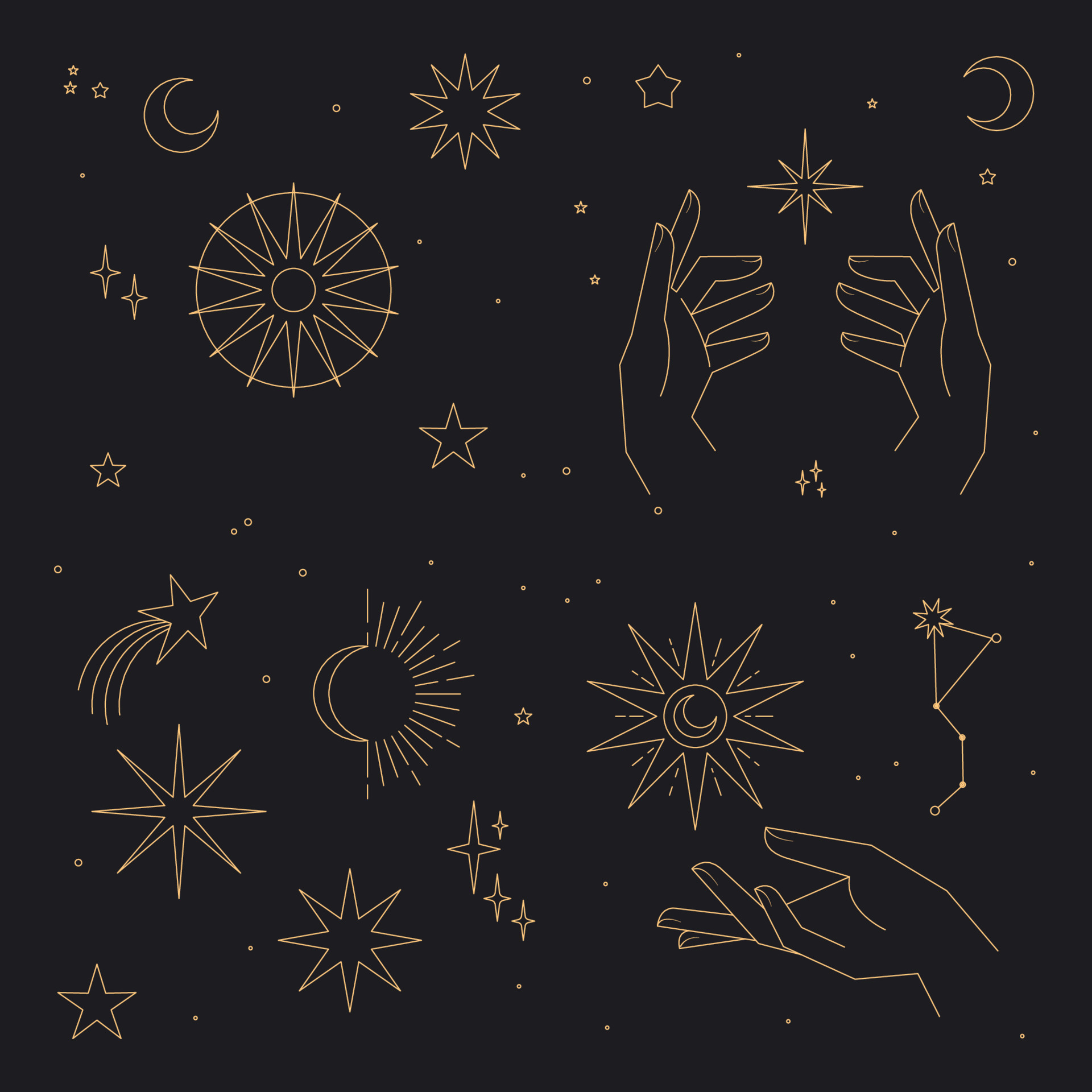 Astral stars linear icons. Mystic symbols, hands, planets, suns and ...