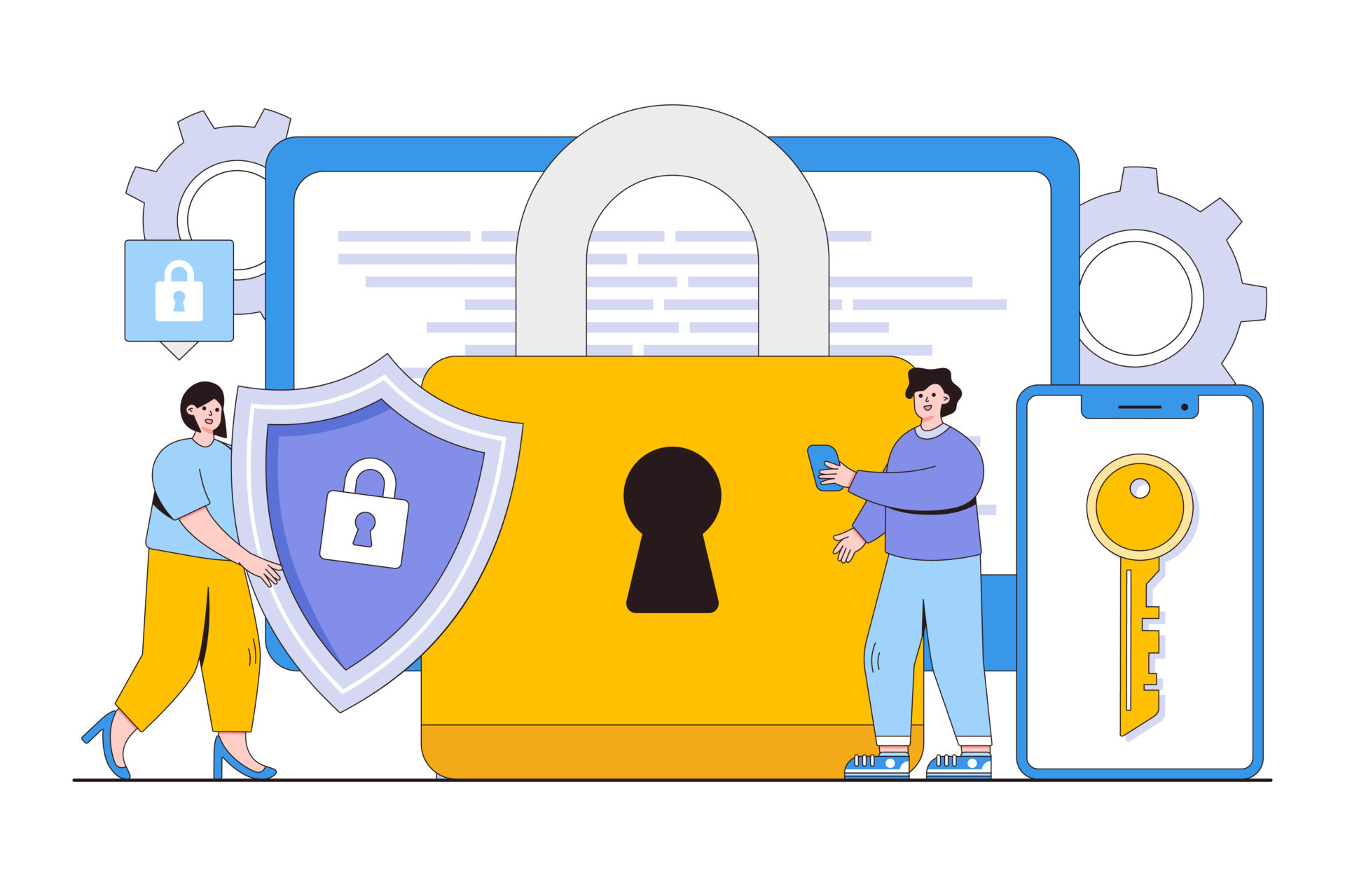 Flat Data Security System Concept With People Characters Outline Design Style Minimal Vector