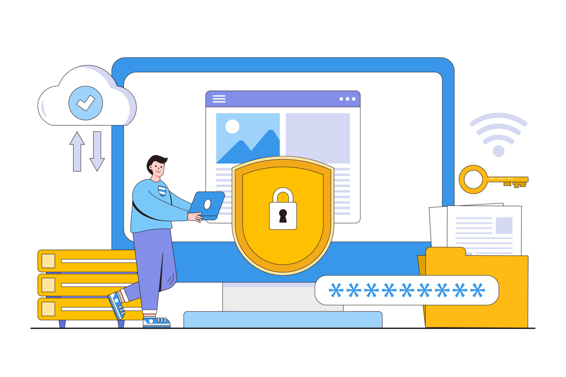 Flat Data Protection Concept With People Characters Outline Design